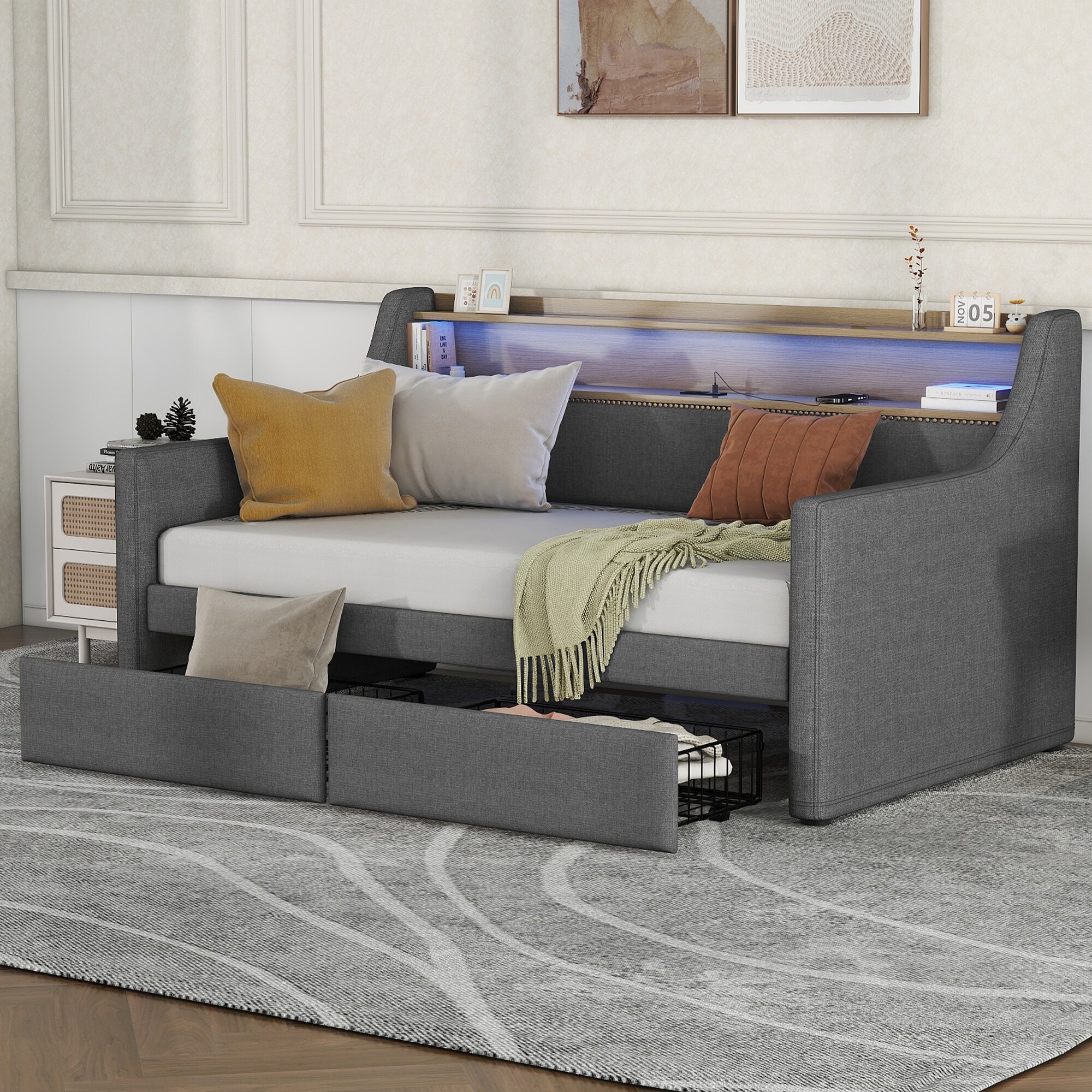 GDFStudio Vinne twin daybed with storage drawers upholstered design ...