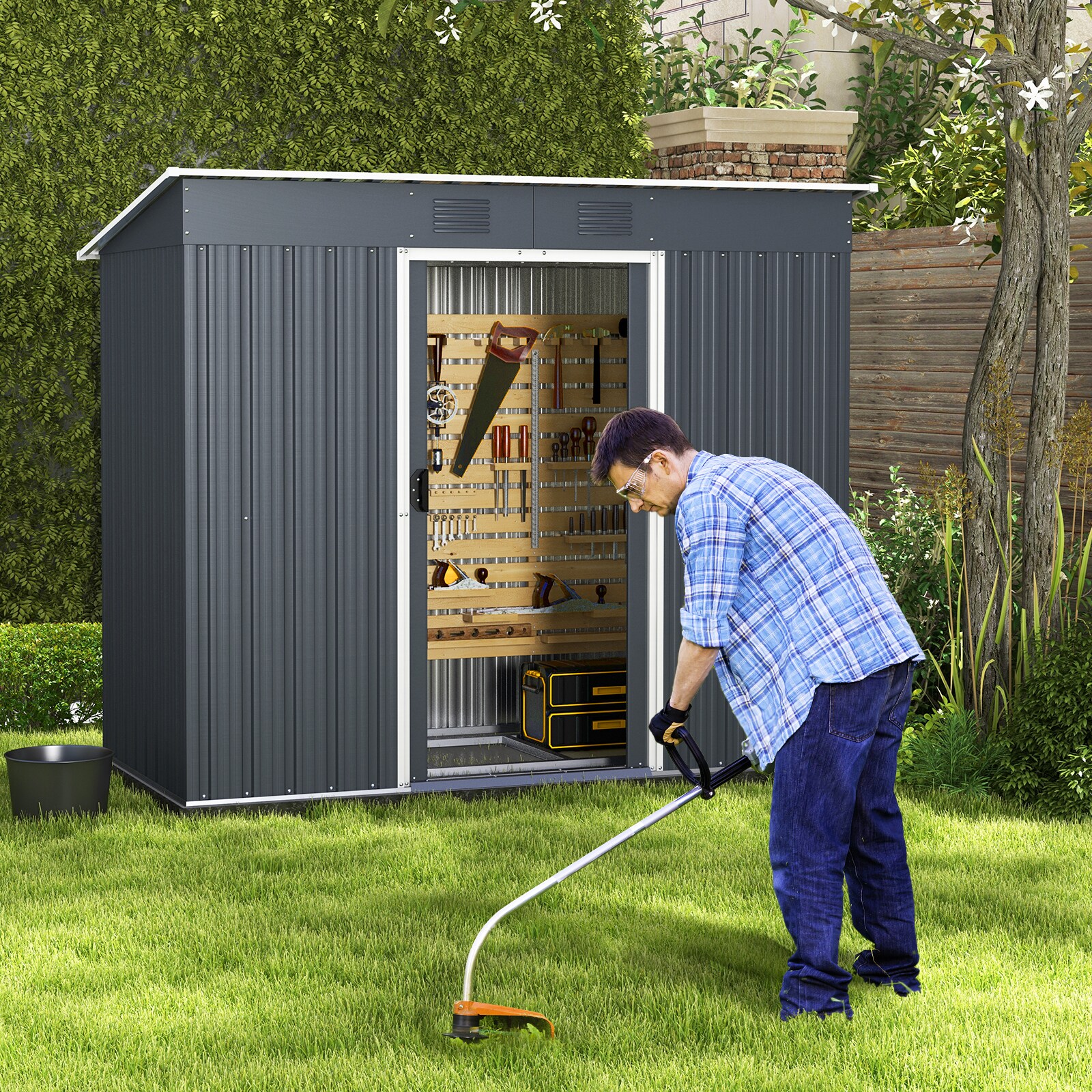 Slickblue 7 ft x 3.2 ft Garden Storage Galvanized Steel Storage Shed ...