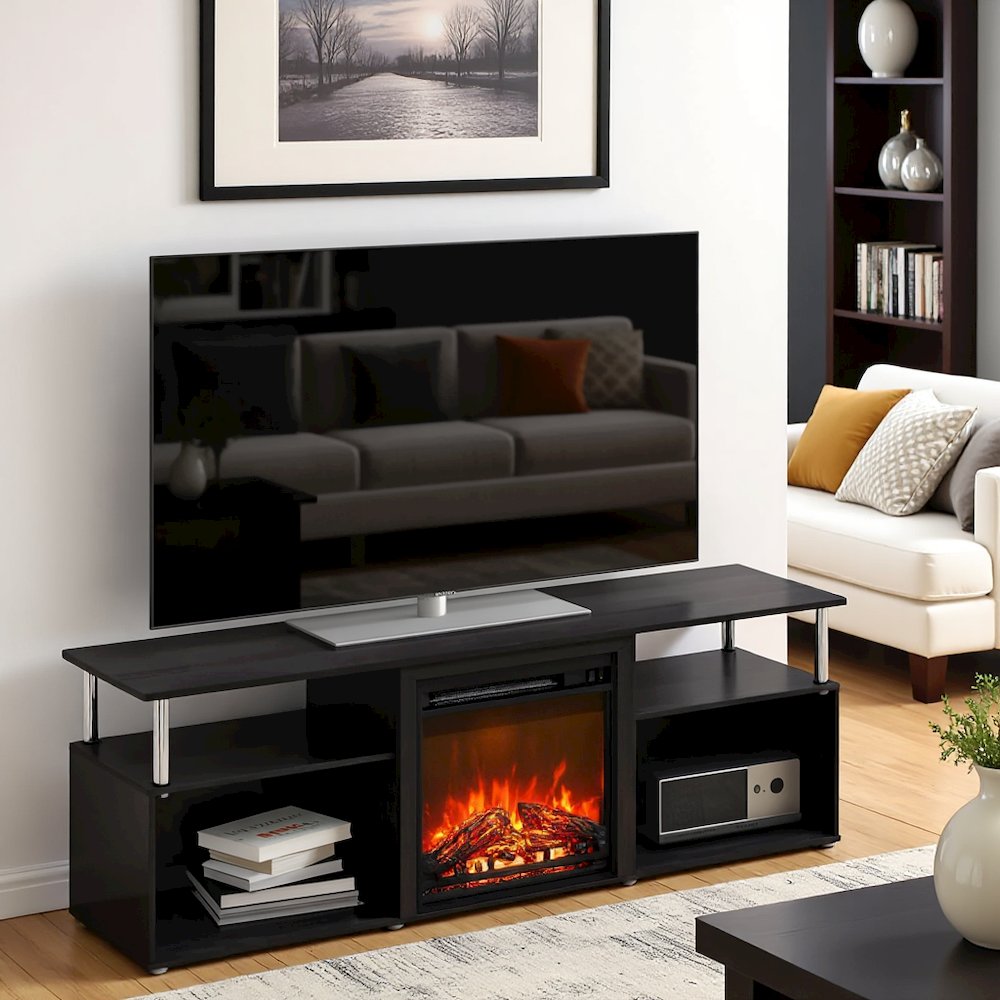 FurniFact Black 70 Inch Fireplace TV Stand with Four Shelves and ...