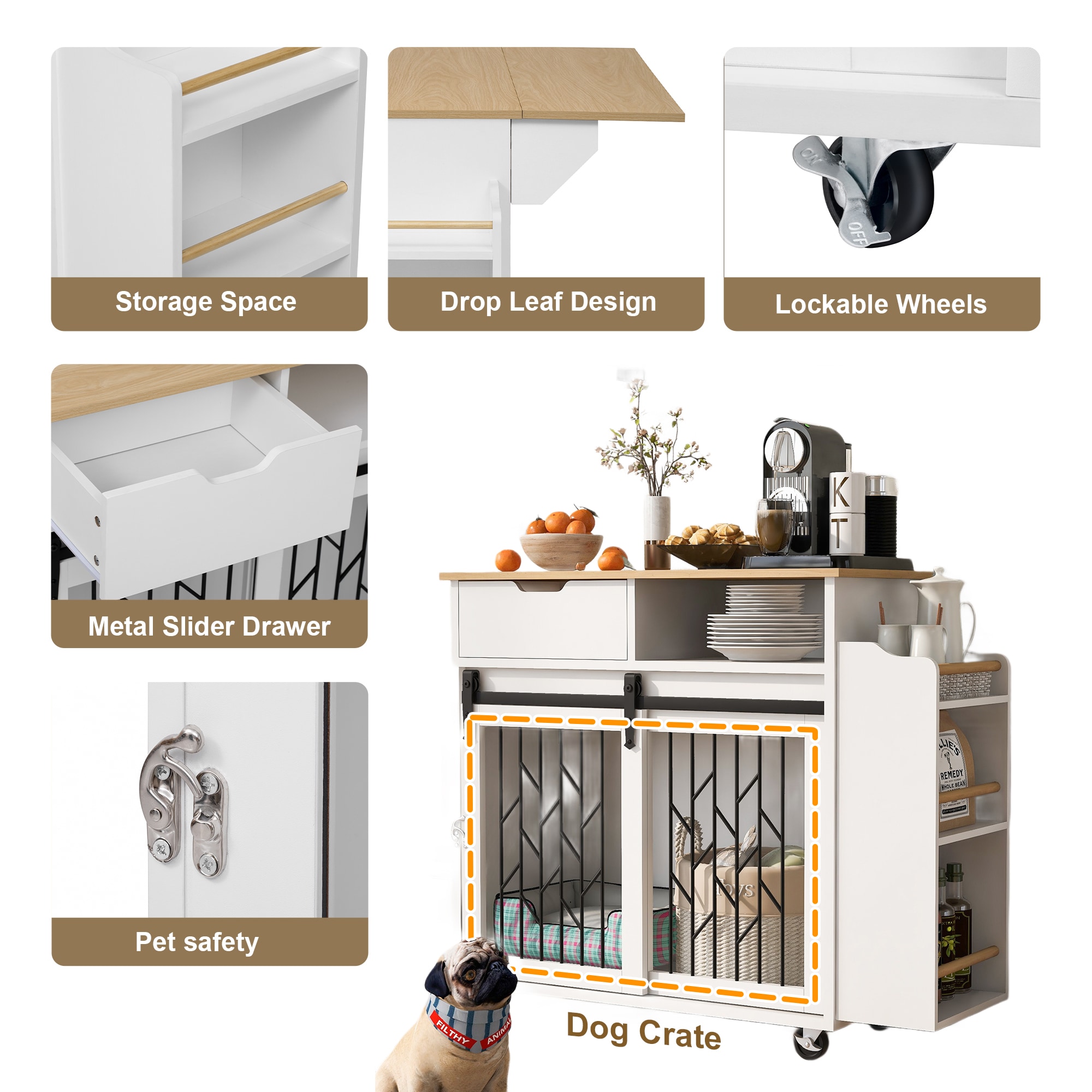 LUXEYARD 2 IN 1 Modern Dog Crate Kitchen Island With Storage for Small ...