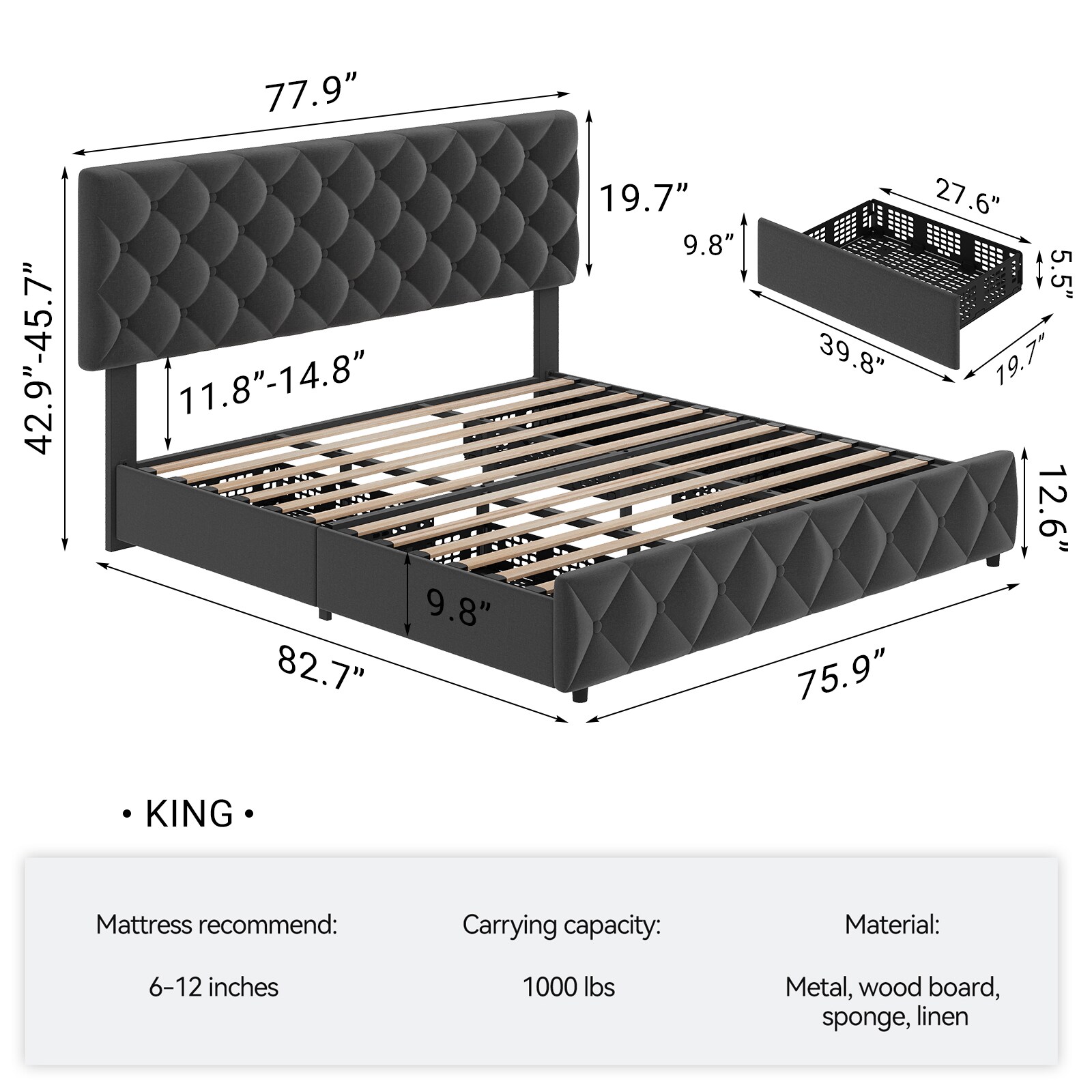 IdealHouse Gray King Size Upholstered Platform Bed Adjustable Diamond ...