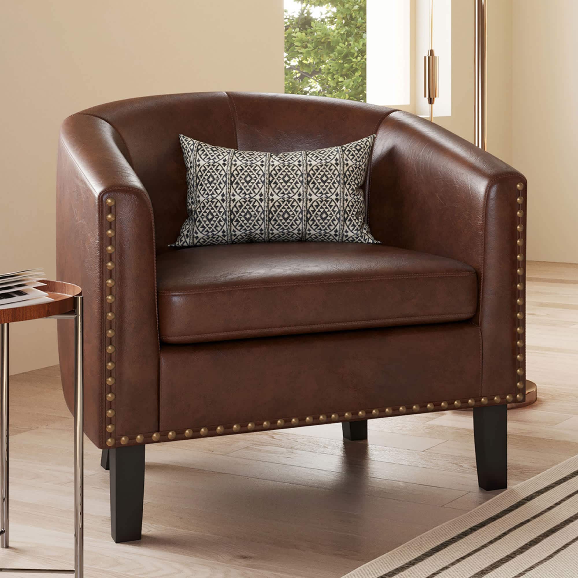 Belleze Accent Barrel Chair Modern Faux Leather Tub Club Chair Brown in ...