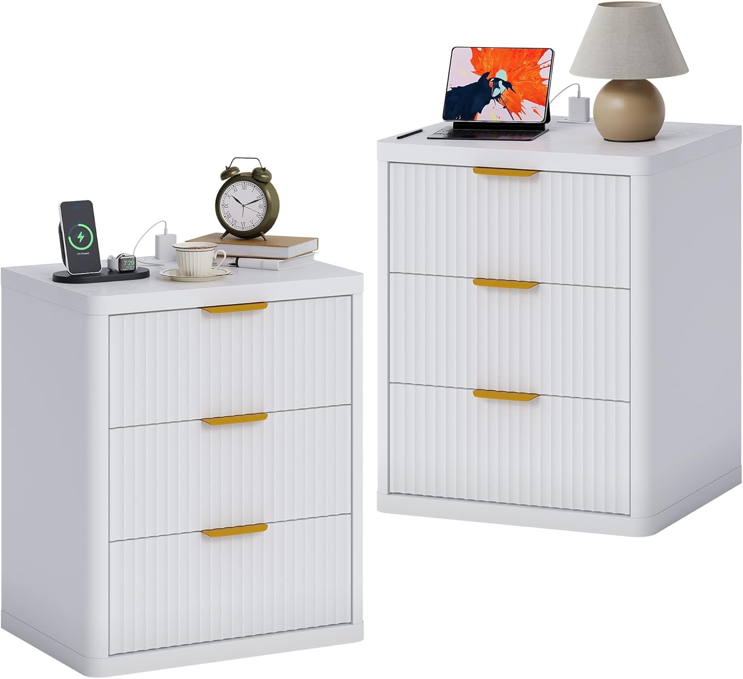 Garvee Fluted Nightstands with Charging Station 3 Drawers Open Storage ...