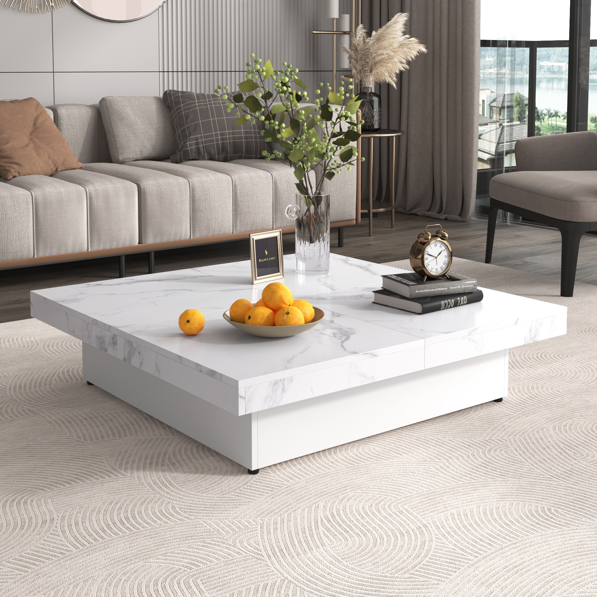Wooakway 39in. Square Veneer Coffee Table Marble veneer with Sliding ...
