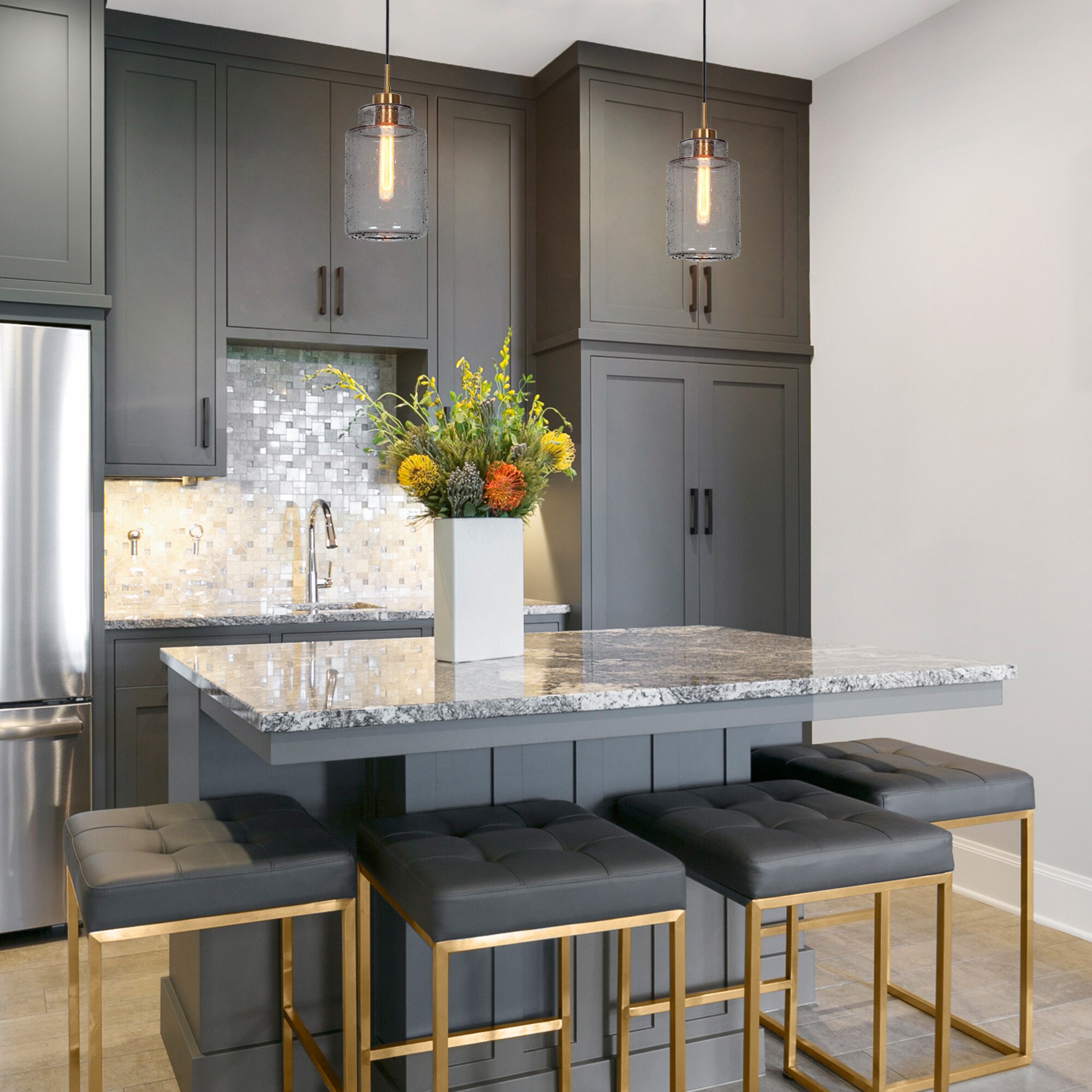 ZEVNI Jasen Polished Gold Brass Transitional Textured Glass Jar LED ...