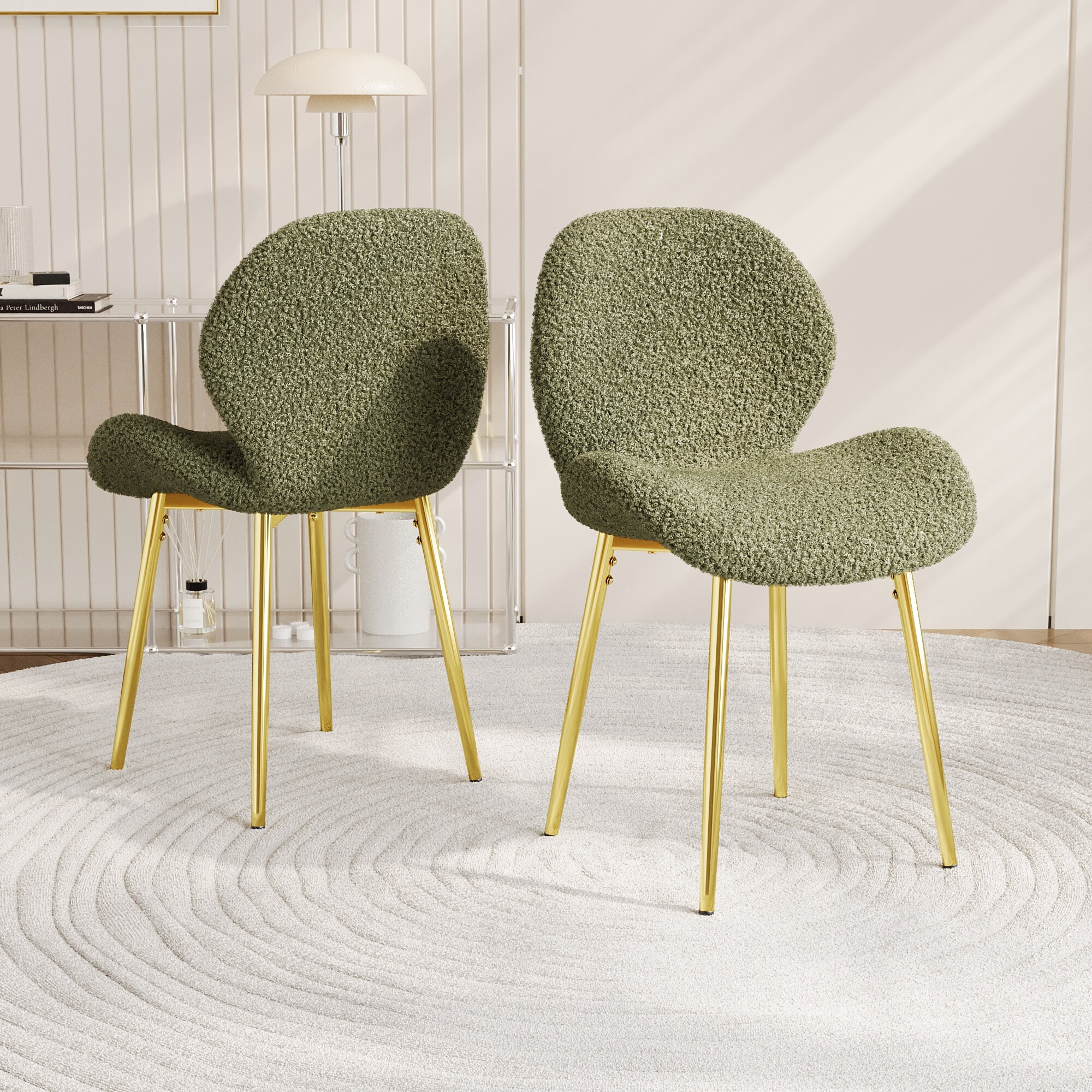 LOVMOR Modern minimalist white teddy velvet Dining Chairs Set of 2 with ...