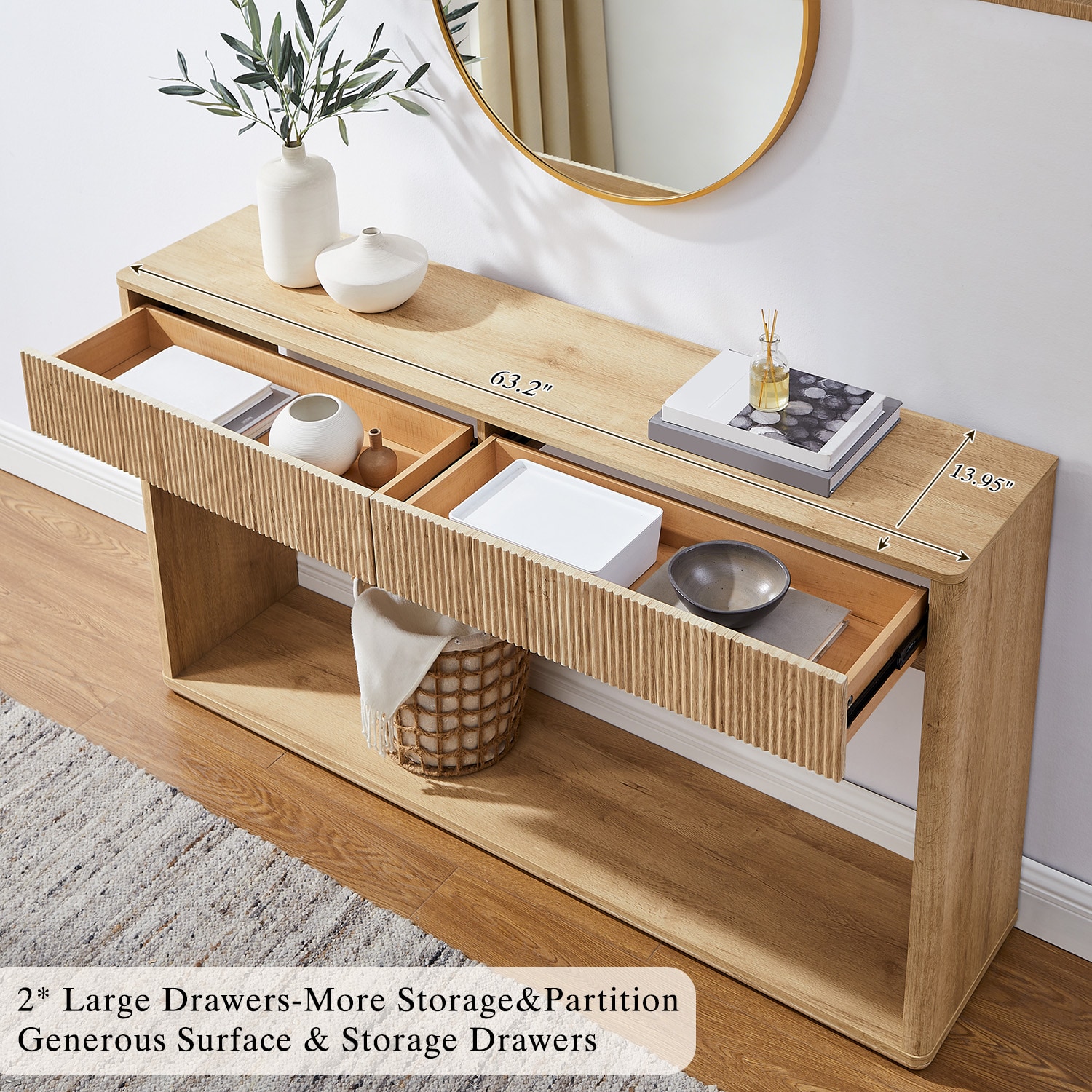 OKD 63.2-in Fluted Console Table with 2 Large Drawers Long Sofa Table ...
