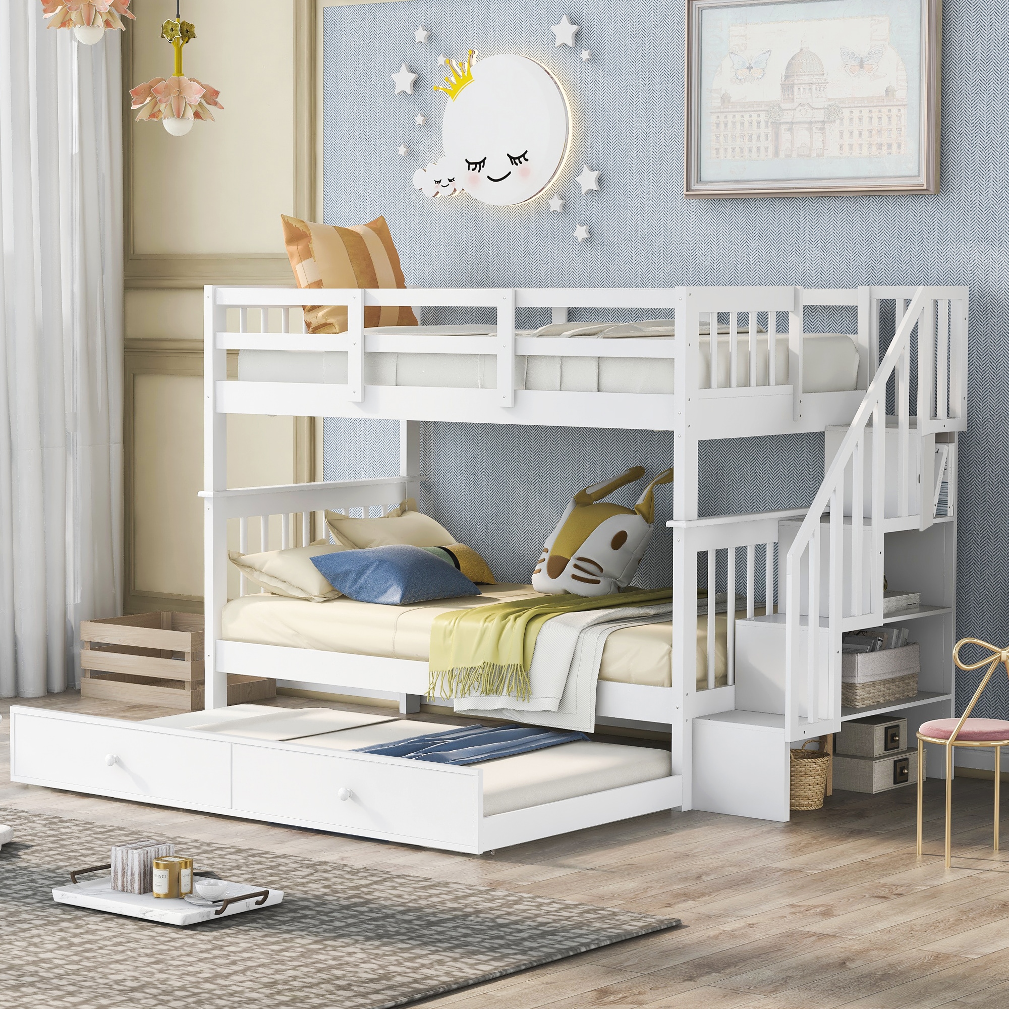 LUXEYARD Stairway Bunk Bed with Trundle for Bedroom Dorm Adults White ...
