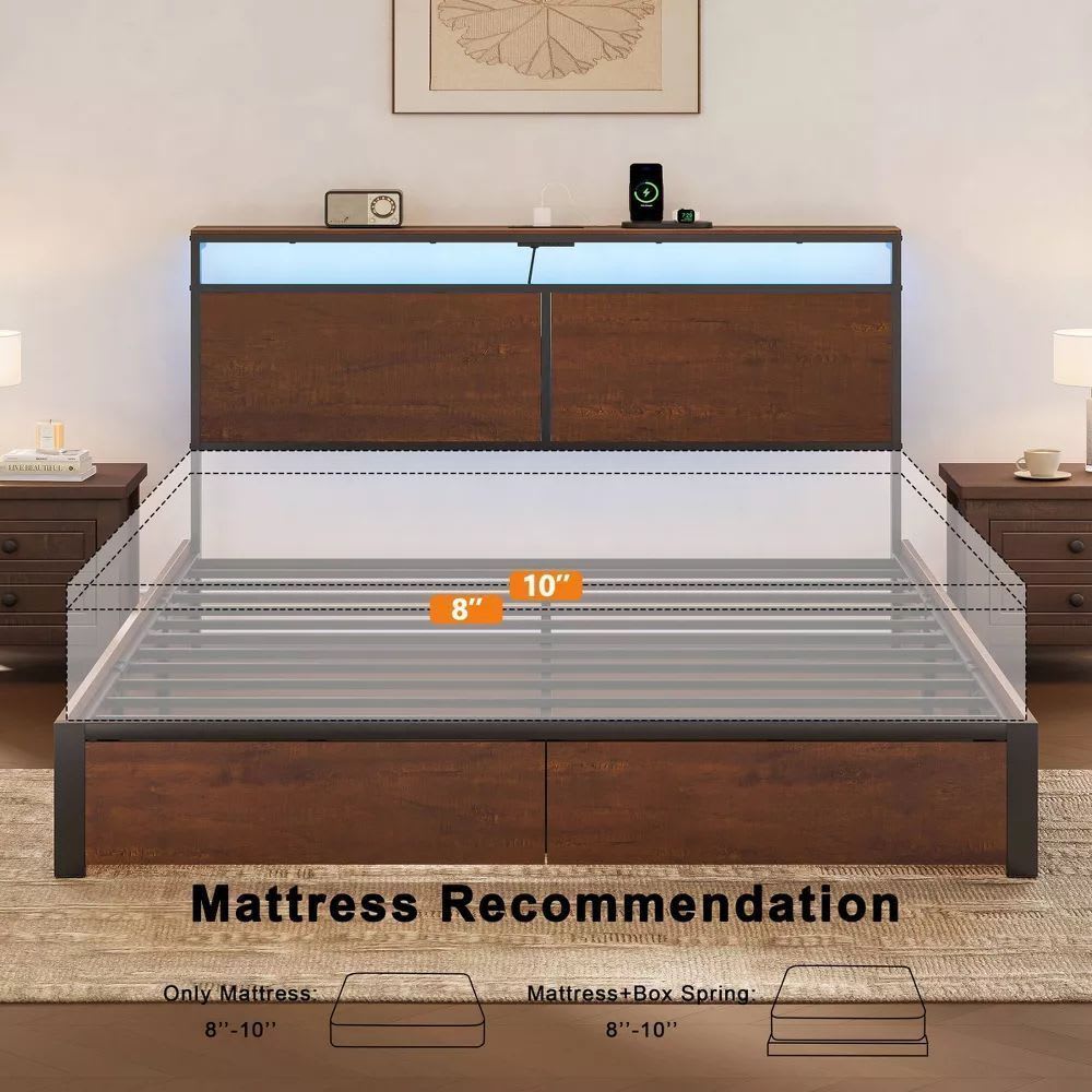 Aok Garden Queen Bed Frame with Headboard and 4 Storage Drawers LED Bed ...