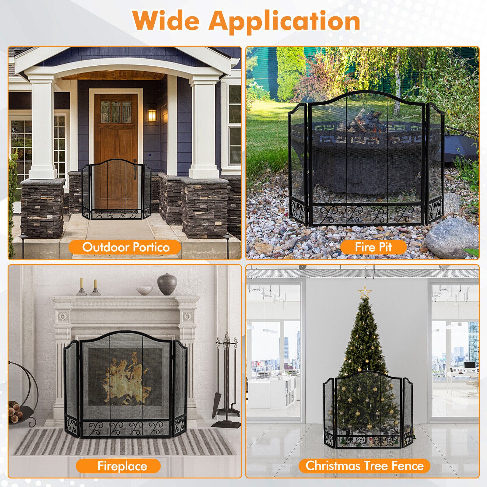 Slickblue Black Steel 3-Panel Fireplace Screen Decorative Spark Guard ...