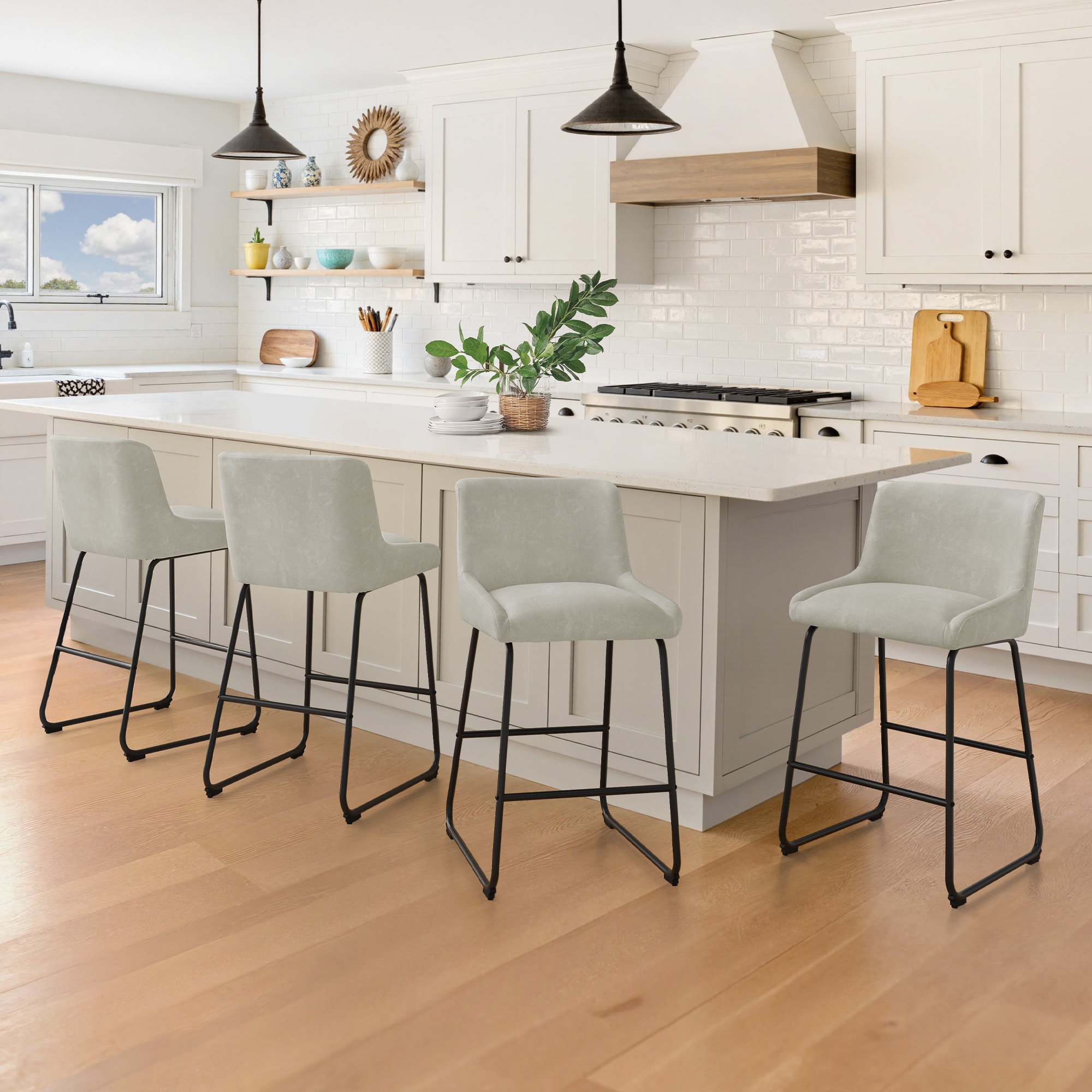 Yurevna Light Beige Grey 26.5-in H Counter height Upholstered Metal Bar ...