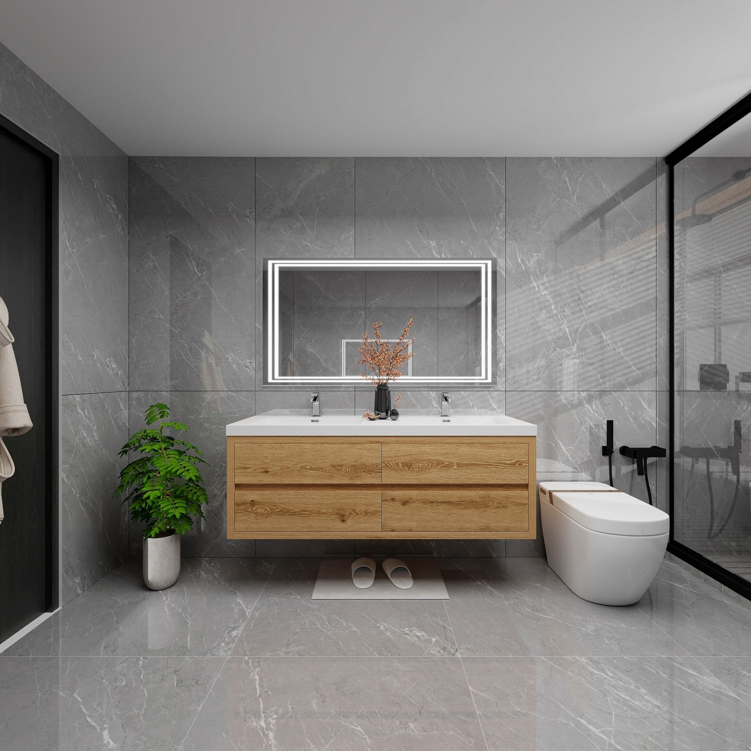 BV Better Vanity Louis 60-in Yellow Wood Double sink Floating Bathroom ...