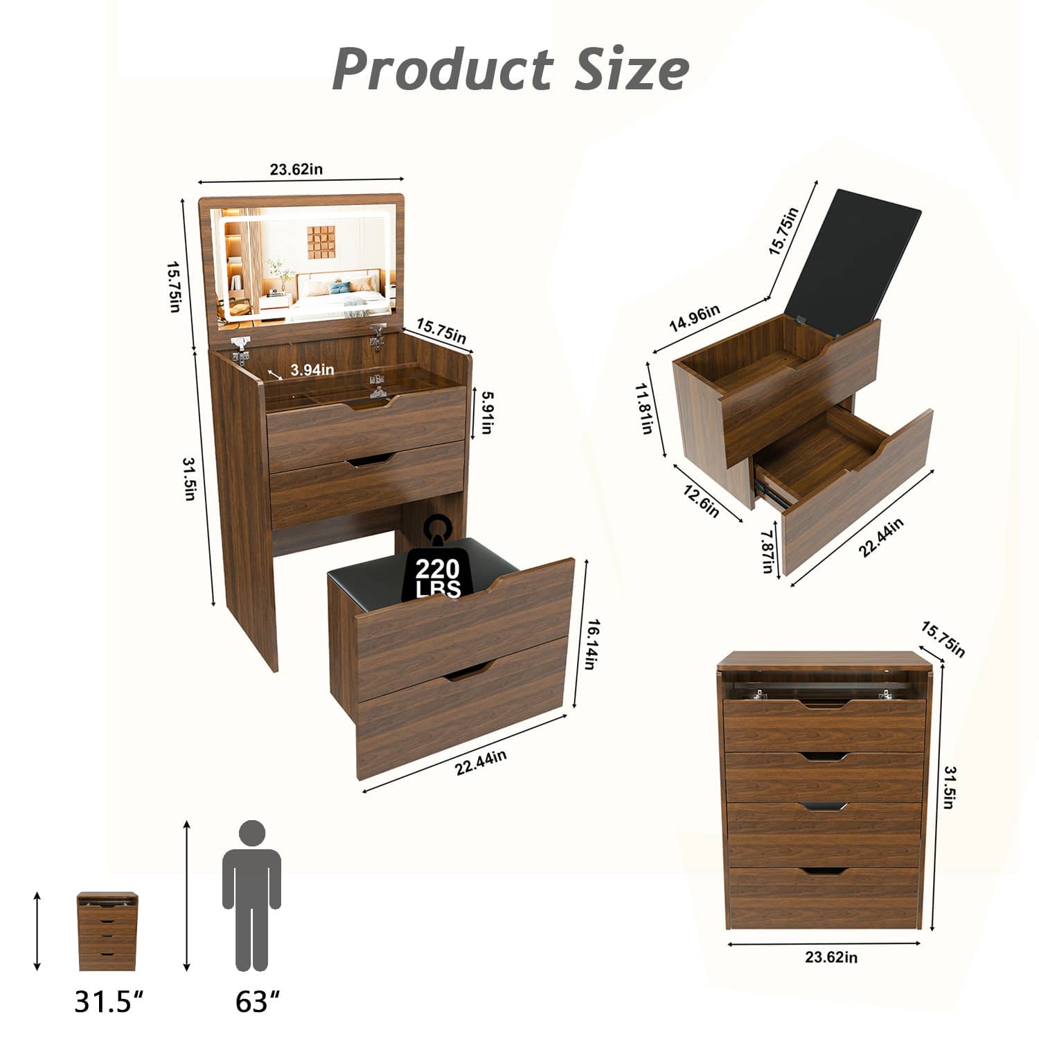 VERYKE Compact 3in1 Makeup Vanity with Lighted Mirror Stool Flip Top ...