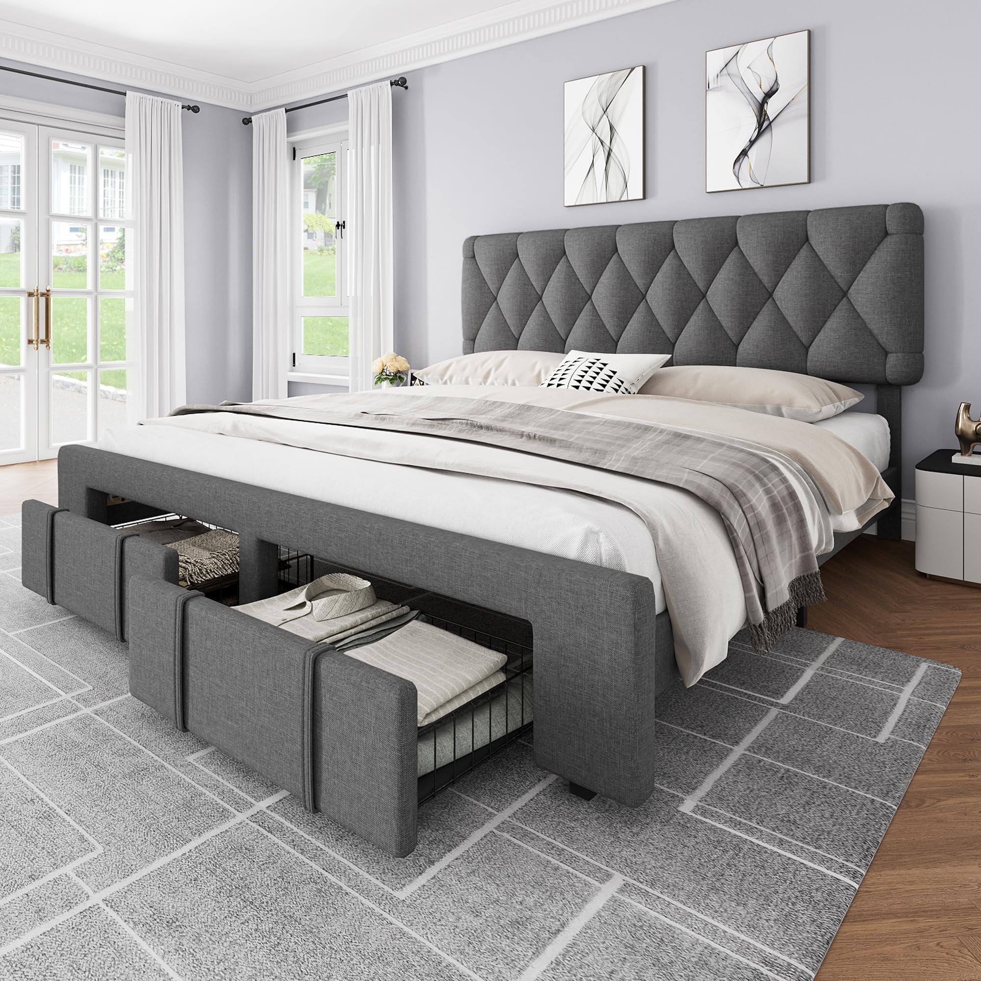 GarveeLife Upholstered Platform Bed Frame with Storage Drawers Mattress ...