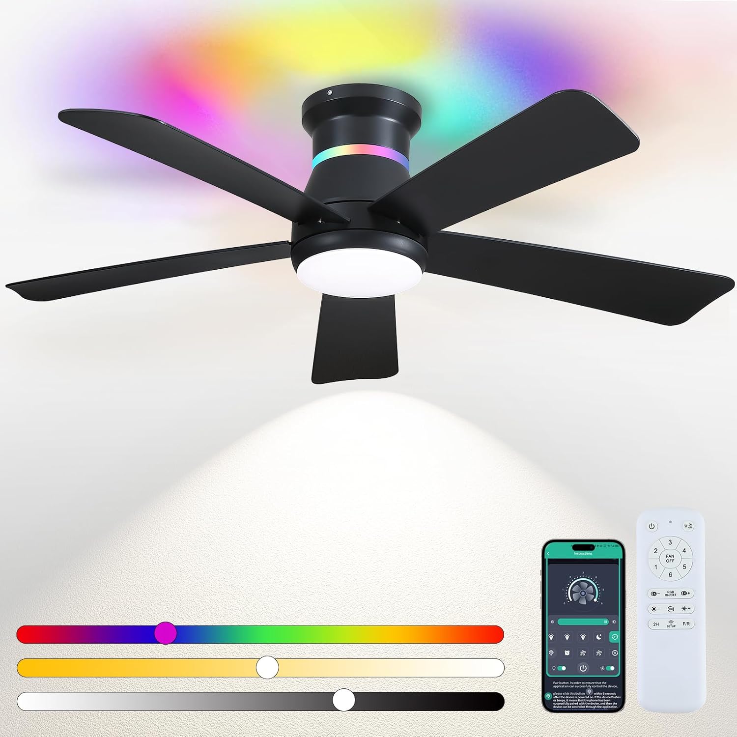 Gleam Flare 52 Inches RGB Flush Mount Ceiling Fan with Light and Remote ...