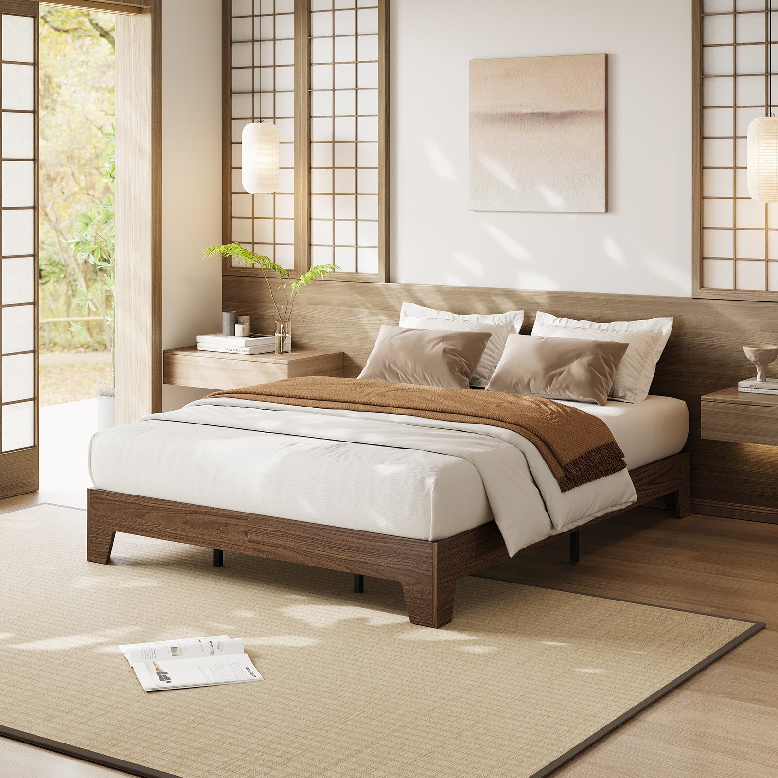 Assile Full Walnut Panel Platform Bed Frame PB Board Box Bed Foundation ...