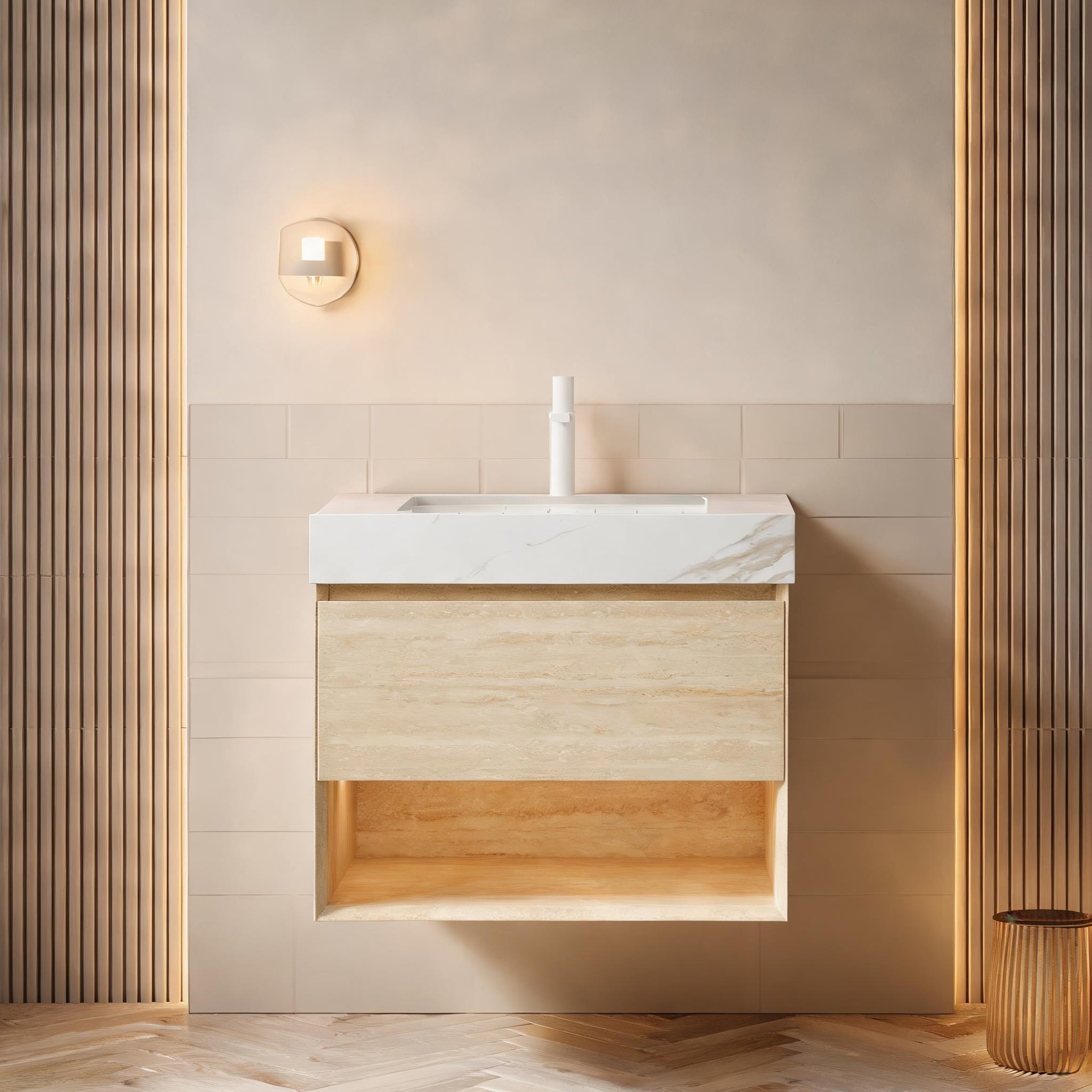 SunJet Carrara White Sintered Stone 30-Inch Floating Bathroom Vanity ...