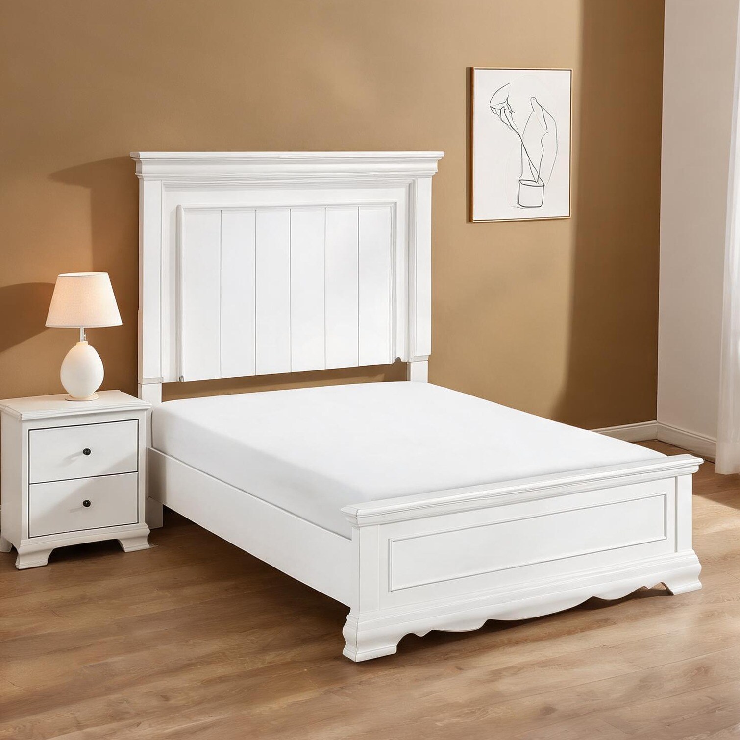 SunJet Wood White Full Bed Frame with Panel Details for Bedroom Classic ...