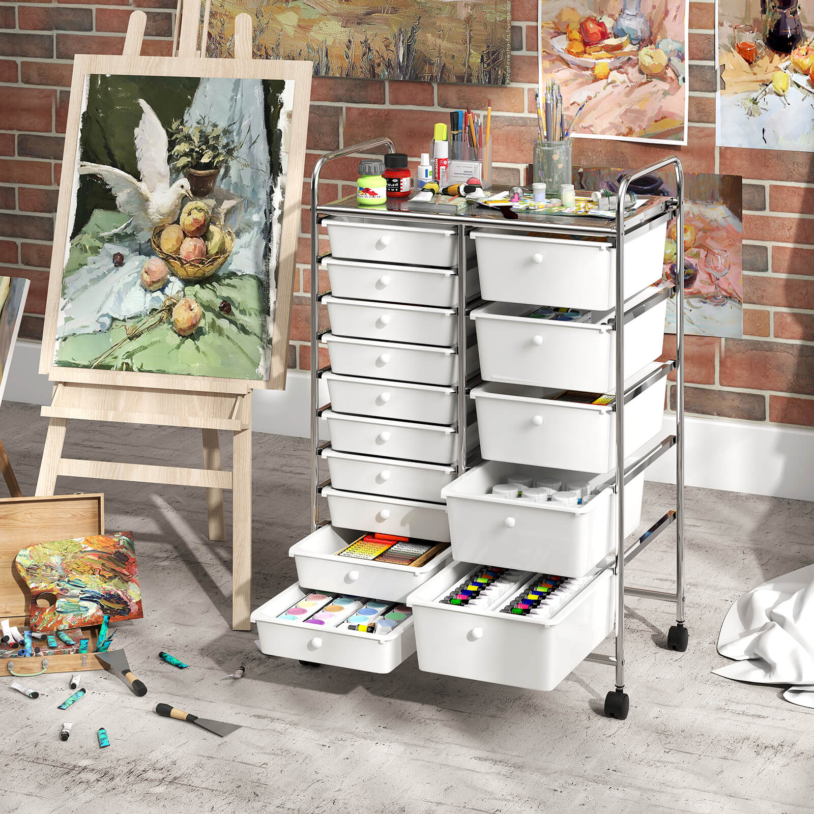 Costway 15-Drawer Art and Craft Storage Carts with Chrome Plated Metal ...