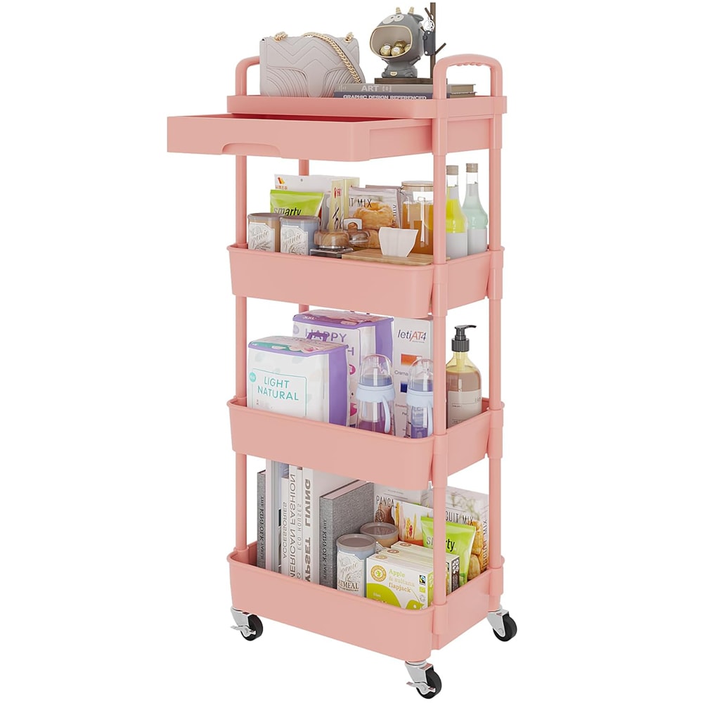 SPACELEAD 4 Tier Rolling Utility Cart with Drawer Multifunctional Storage Organizer with Plastic ...