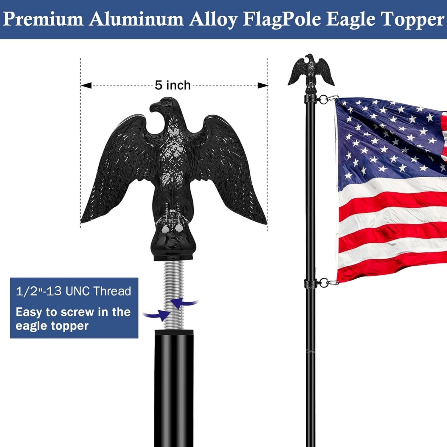 Angel Sar 5ft Stainless Steel Black Flag Pole Kit with Eagle Topper for ...