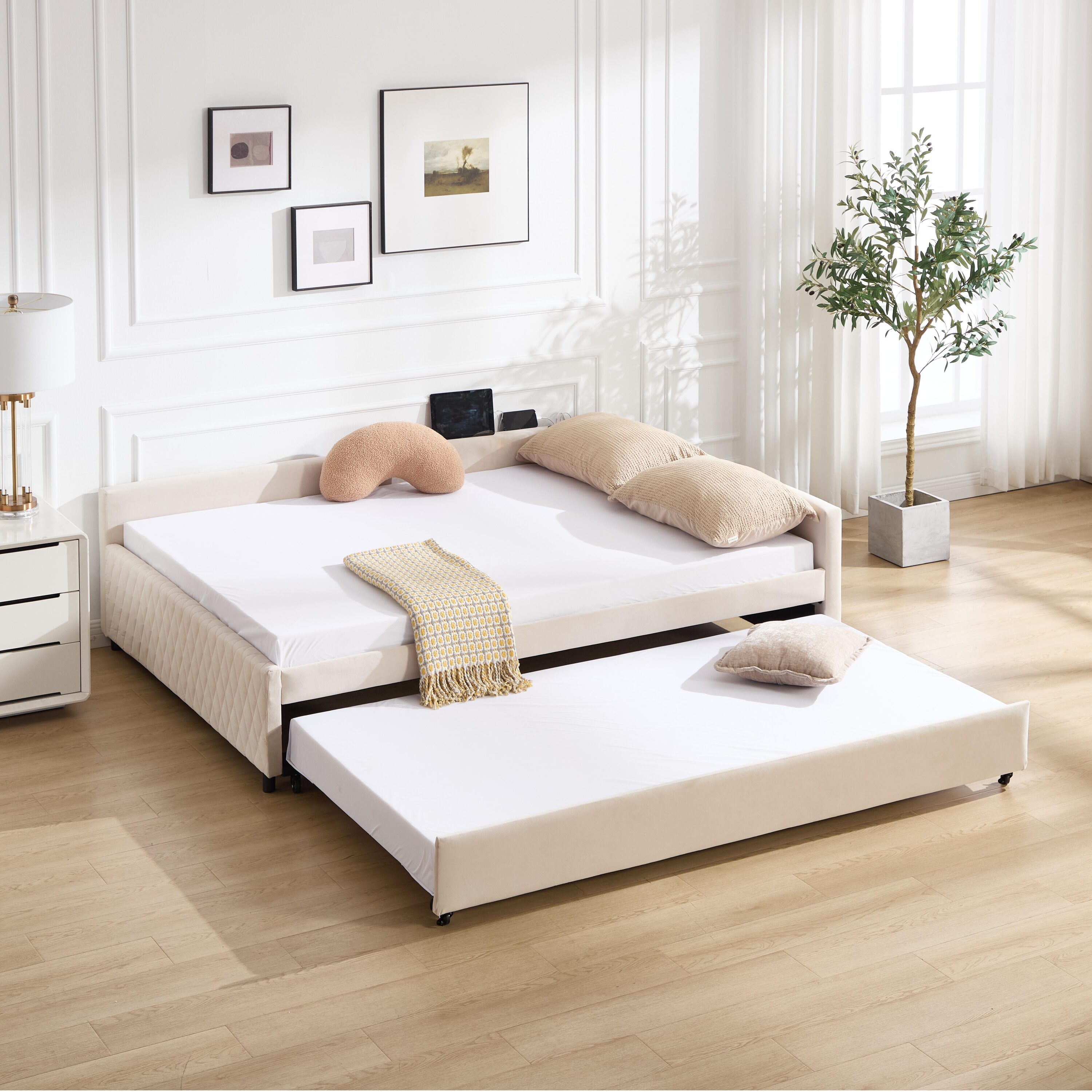 Vynxaria Beige Velvet MDF Frame Twin Platform Bed with Trundle Diamond ...