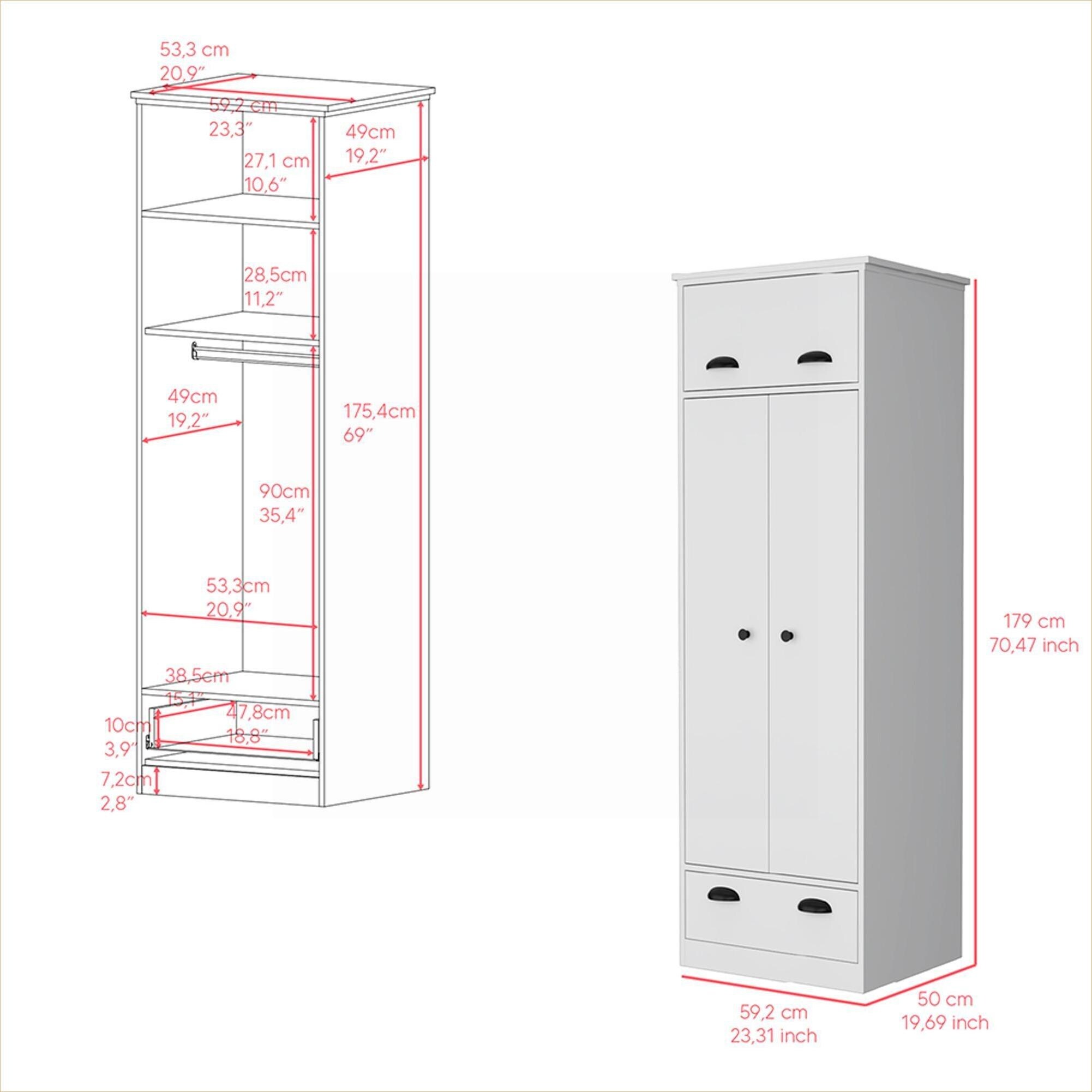 Watnature Small Space Bedroom Slim Combo Armoire 2-Drawer Double Door ...