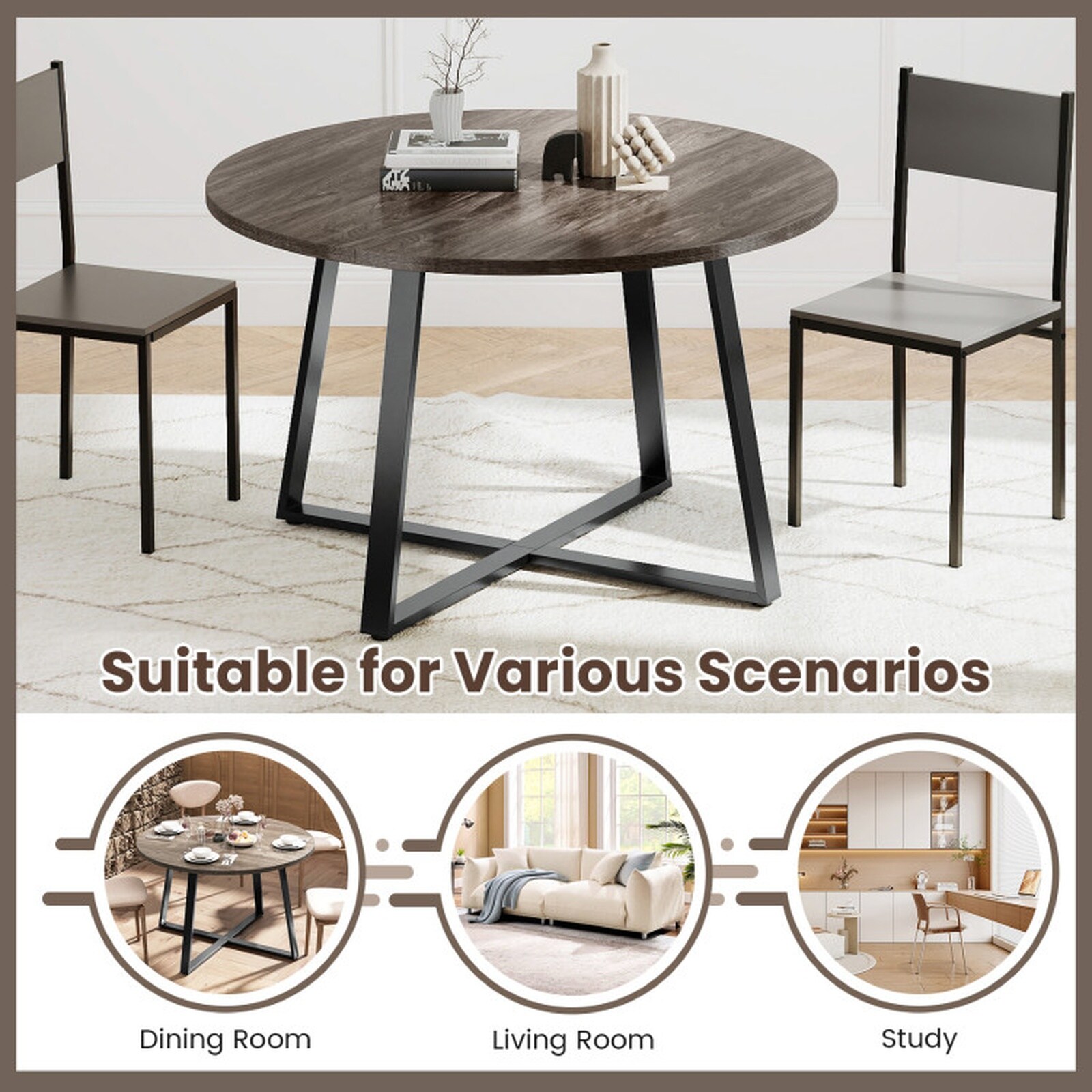 SUGIFT 47-in Round Dining Table with Stable X-shaped Base and Round ...