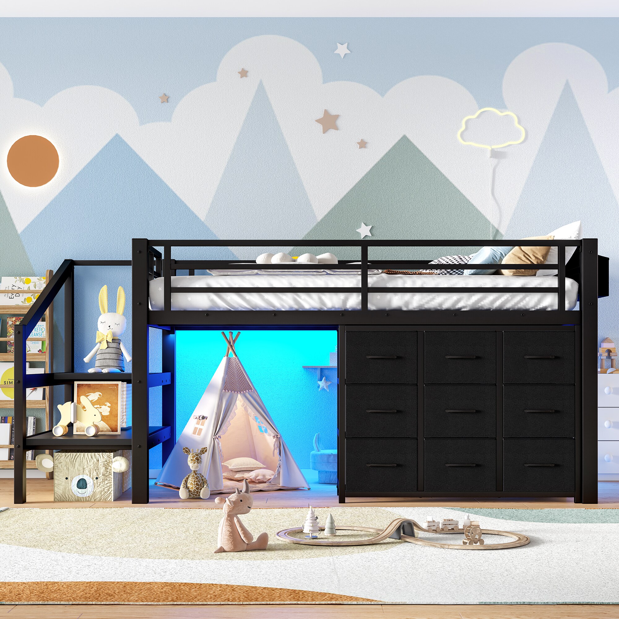 Tinyhomie Twin Low Loft Bed with Multi Storage Spaces Including Fabric ...