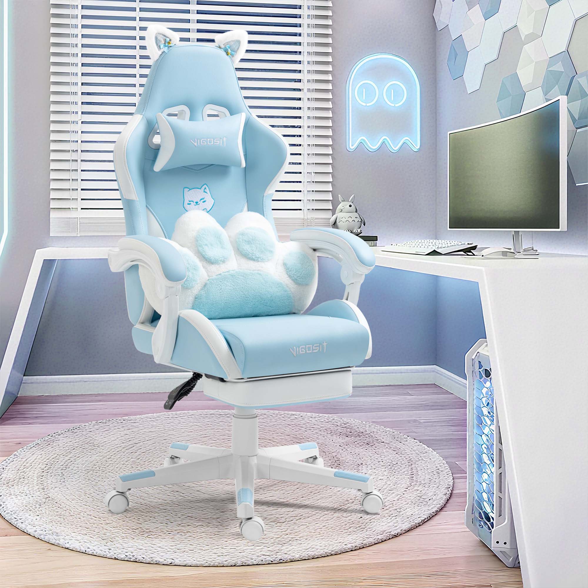 Blue Cute Height Adjustable Racing Gaming Chair with Cat Ears And Paw ...