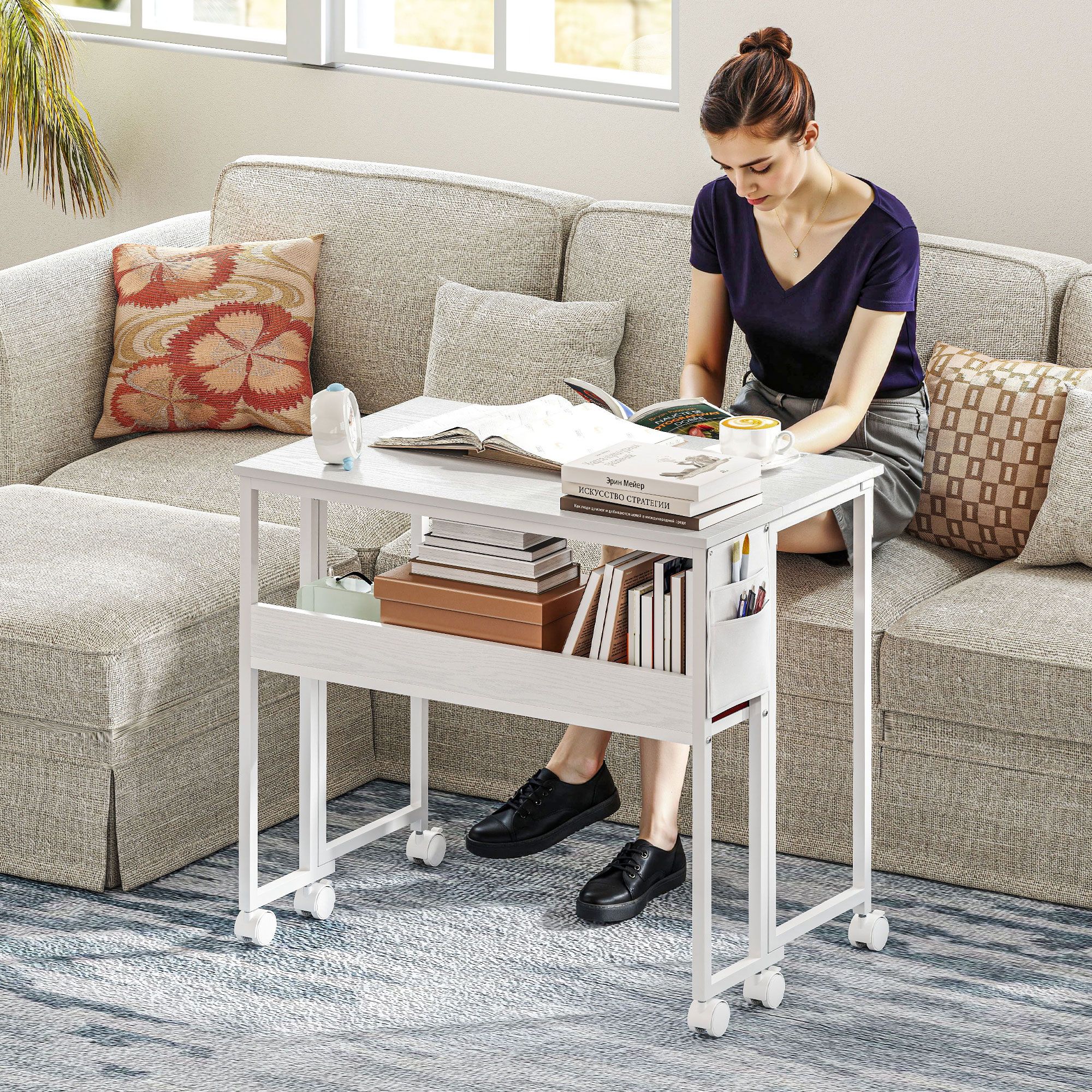 JUSHUA White Folding Computer Desk with Storage Bag Shelf and Wheels ...