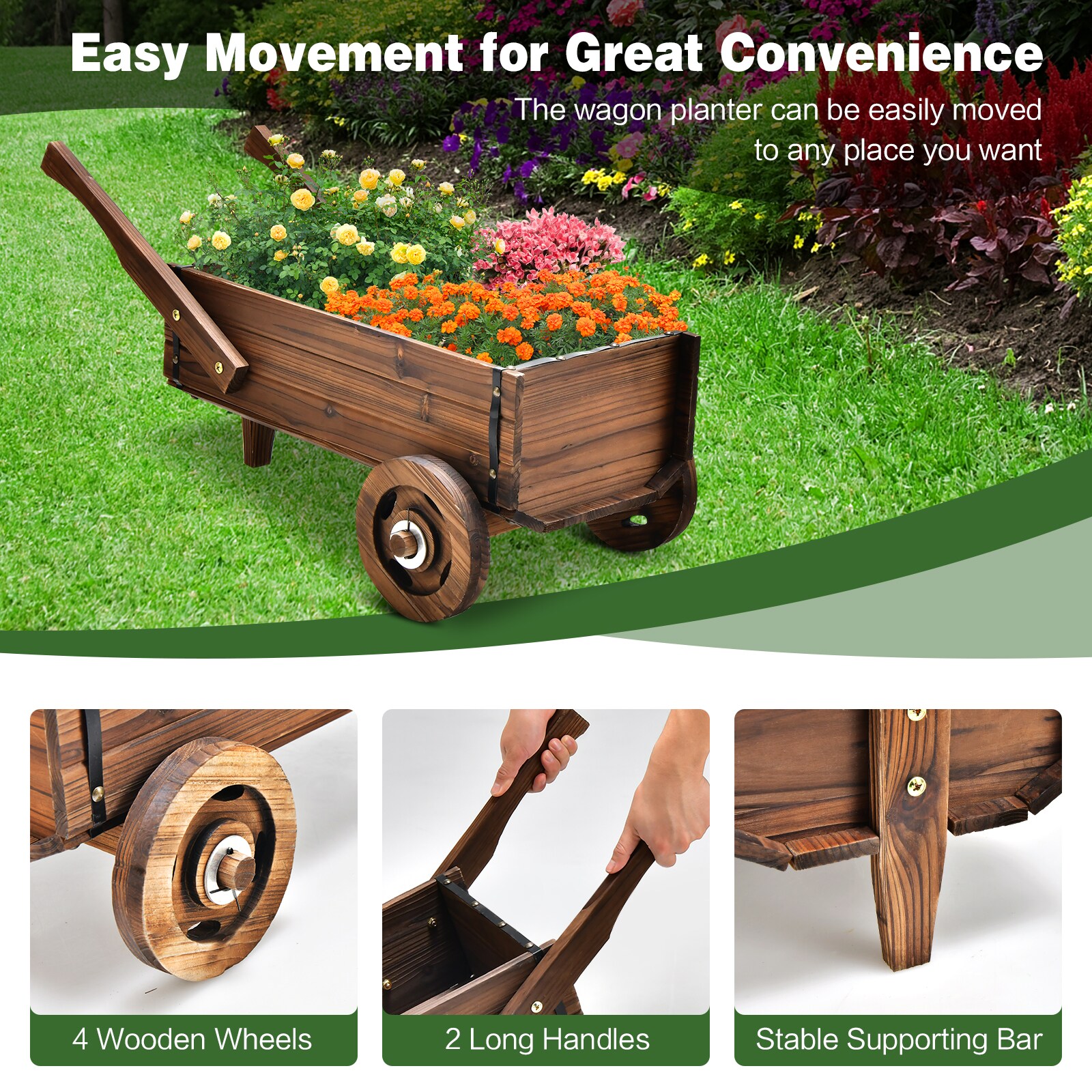 Volenca 32-in W x 15-in H Fir Wood Wagon Planter Box Wheels Handles ...