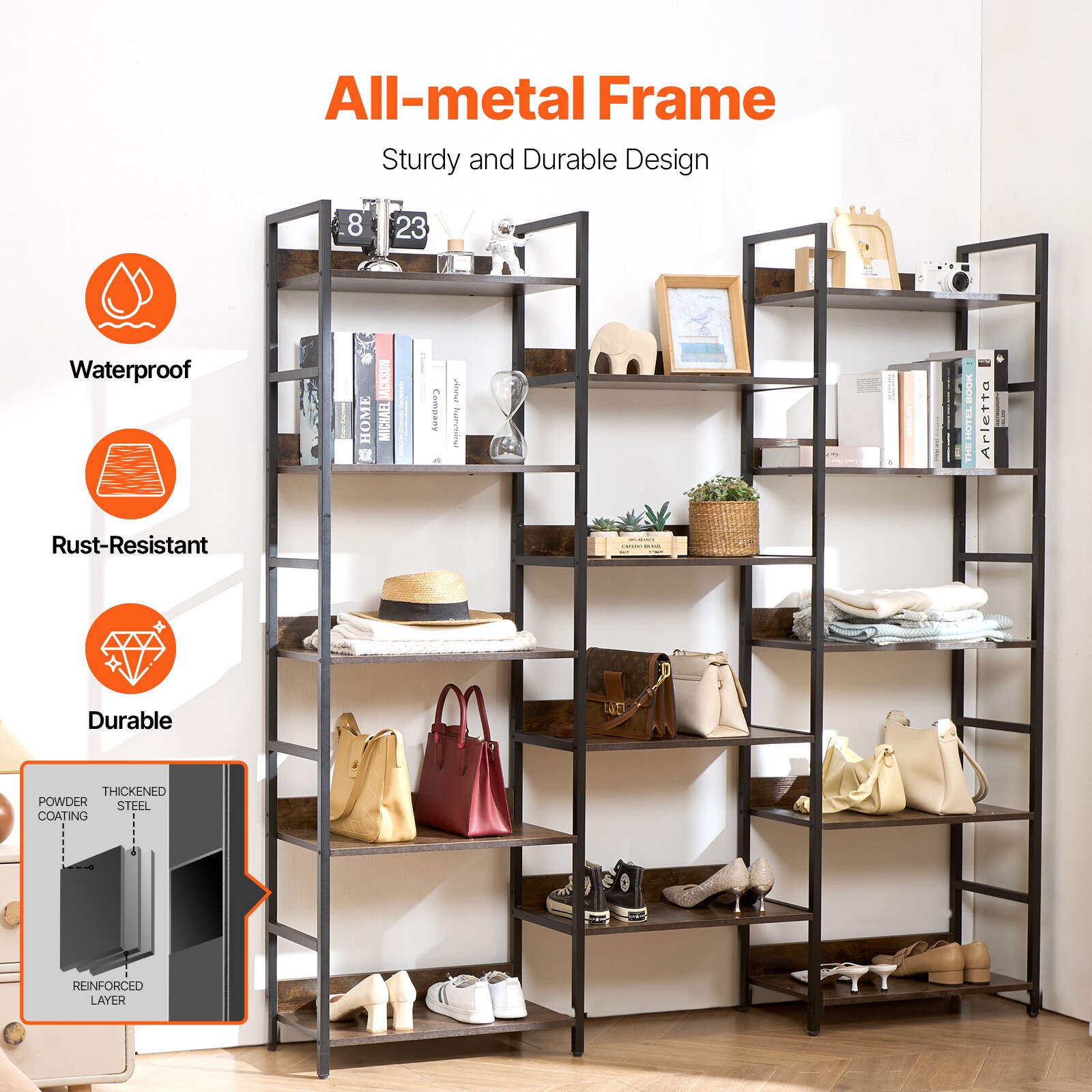 VEVOR Triple Metal Bookshelf 14-Tier Industrial Bookshelf Large Rustic ...