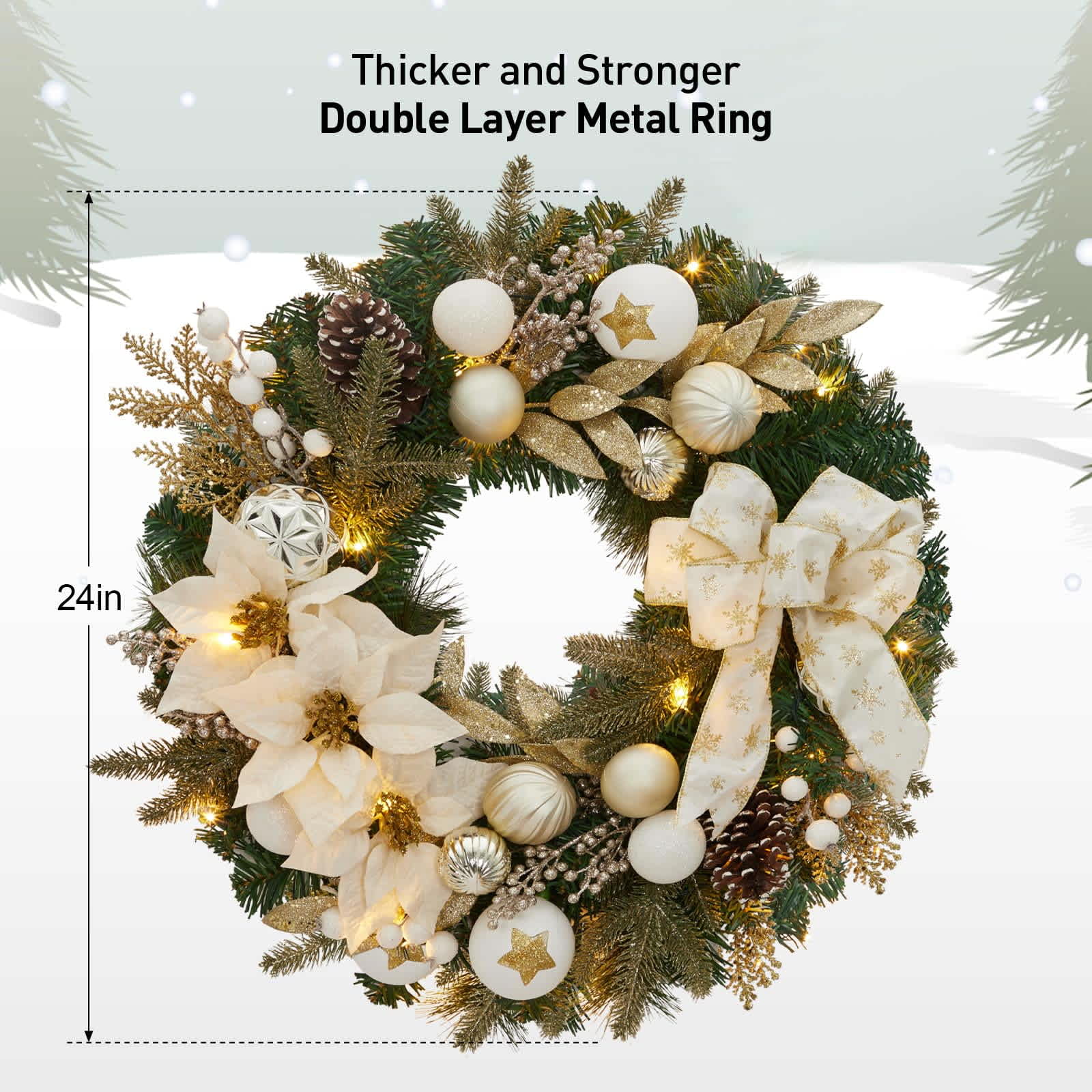 Garvee 24inch Christmas Wreath with Lights for Front Door - Pre-Lit ...