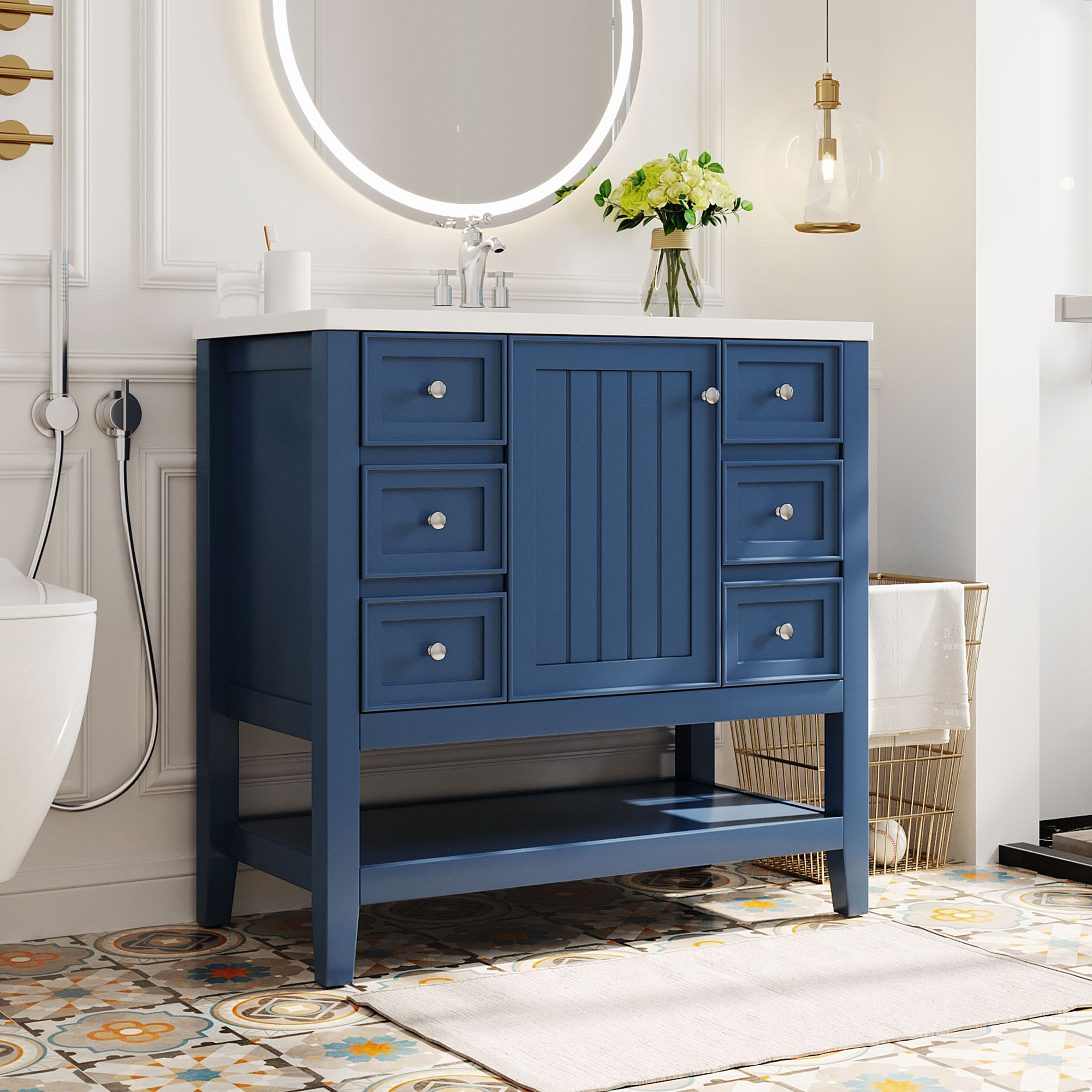 Vynxaria 36 Inch Bathroom Vanities Blue Vanity Chest with Triple Drawer ...