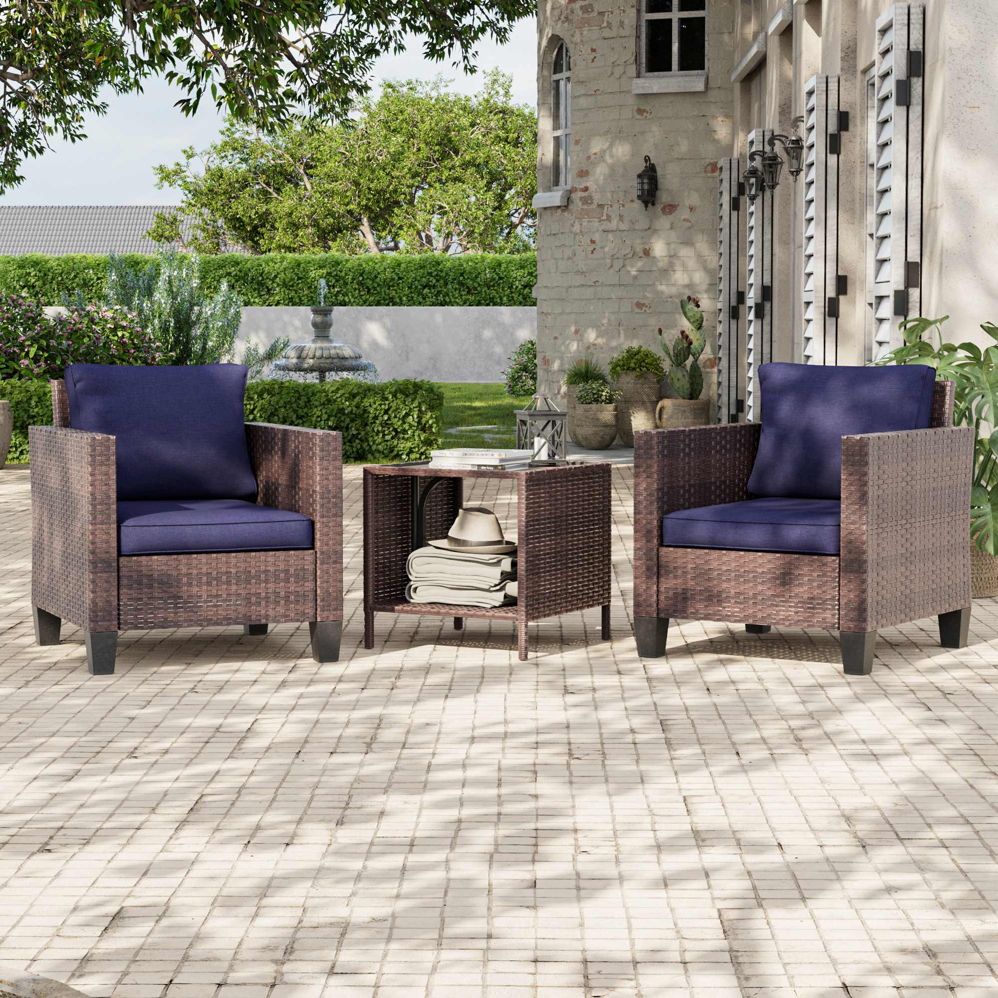 Aok Garden 3 Set Outdoor Brown PE Wicker Chair Wide Seat High Back Sofa ...