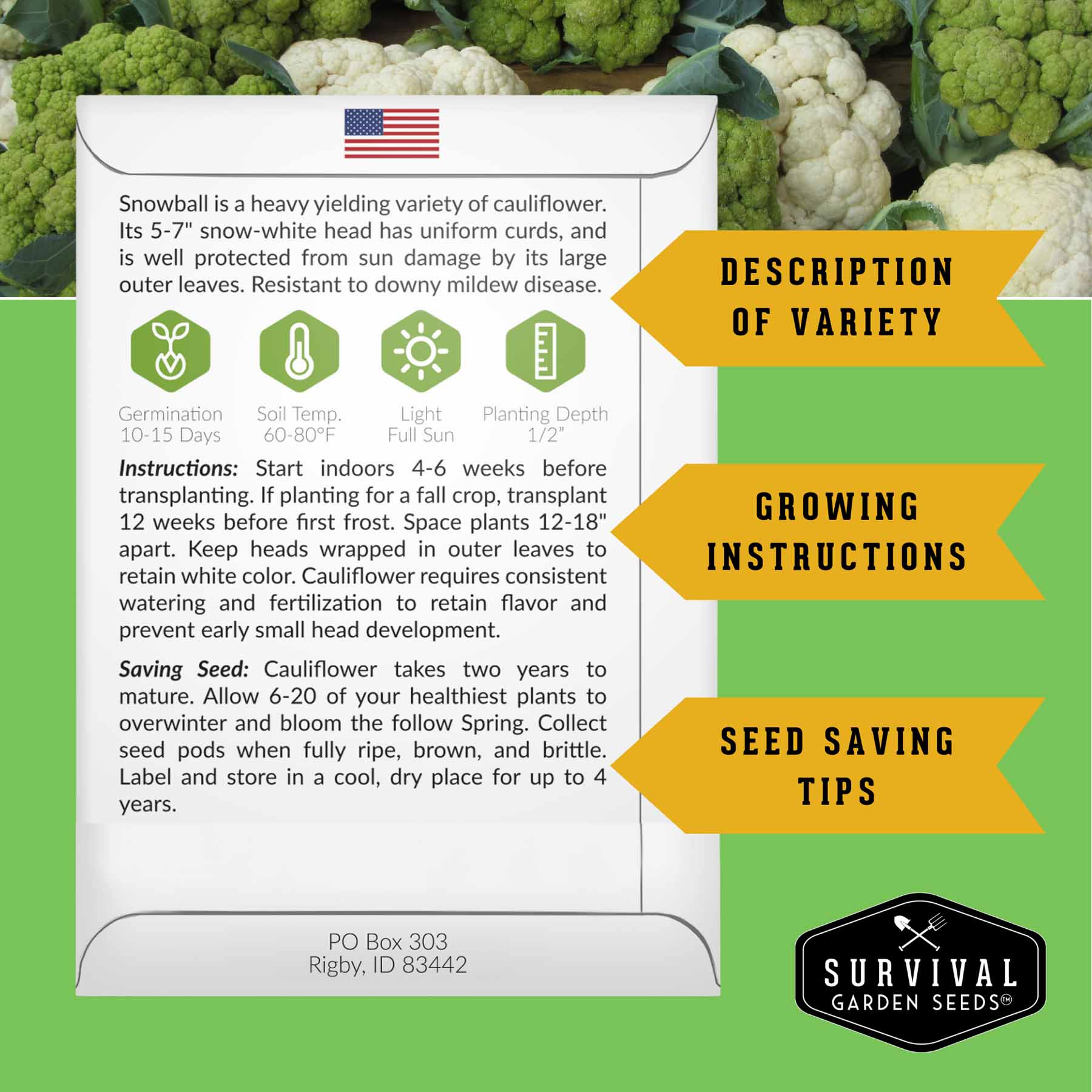Survival Garden Seeds Heirloom Cauliflower 4 Variety Seed Collection ...