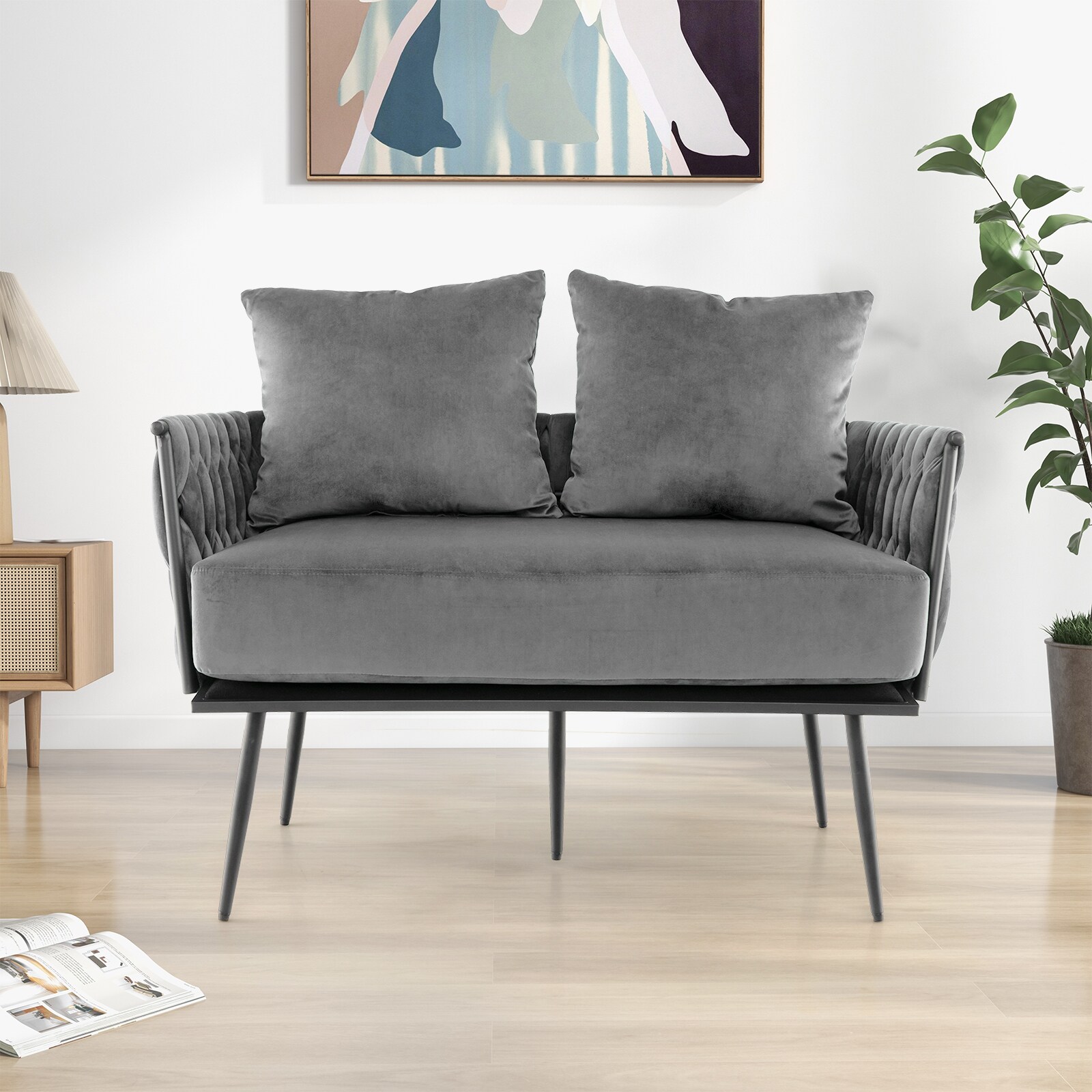 Slickblue Gray Dutch Velvet 2-Seater Loveseat Sofa with Woven Back and ...