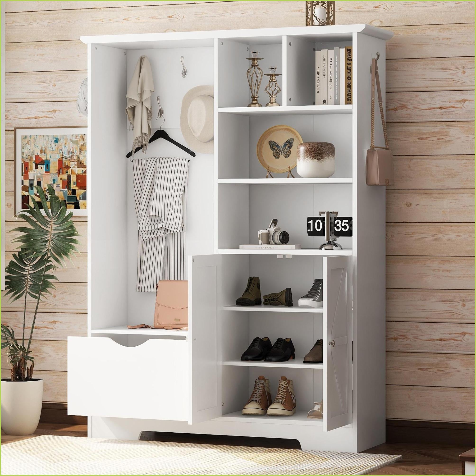 SunJet Modern Hall Tree with Storage Bench Coat Hooks Drawer Cabinet ...