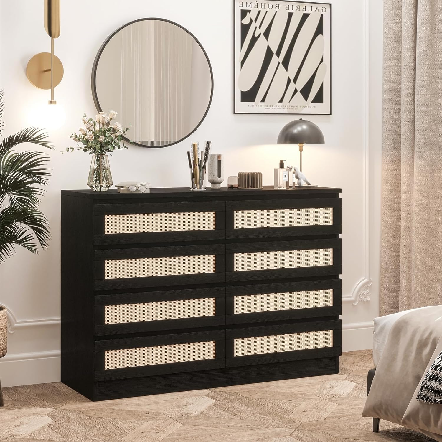 GAOMON Black Rattan Eight Drawer Double Dresser Modern Wooden Storage ...