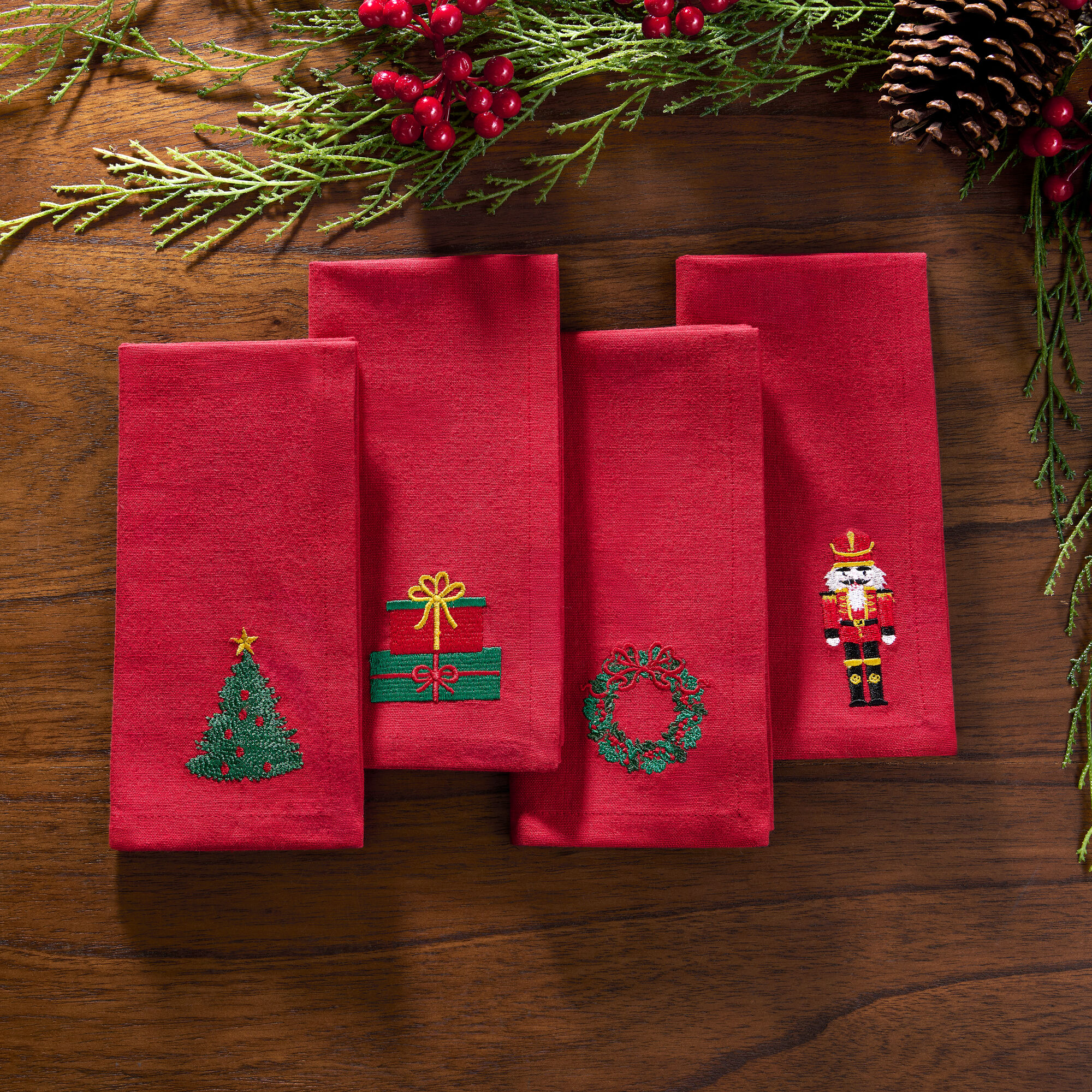 Elrene Home Fashions Holiday Embroidered 4 -Pack Red Cotton Square ...