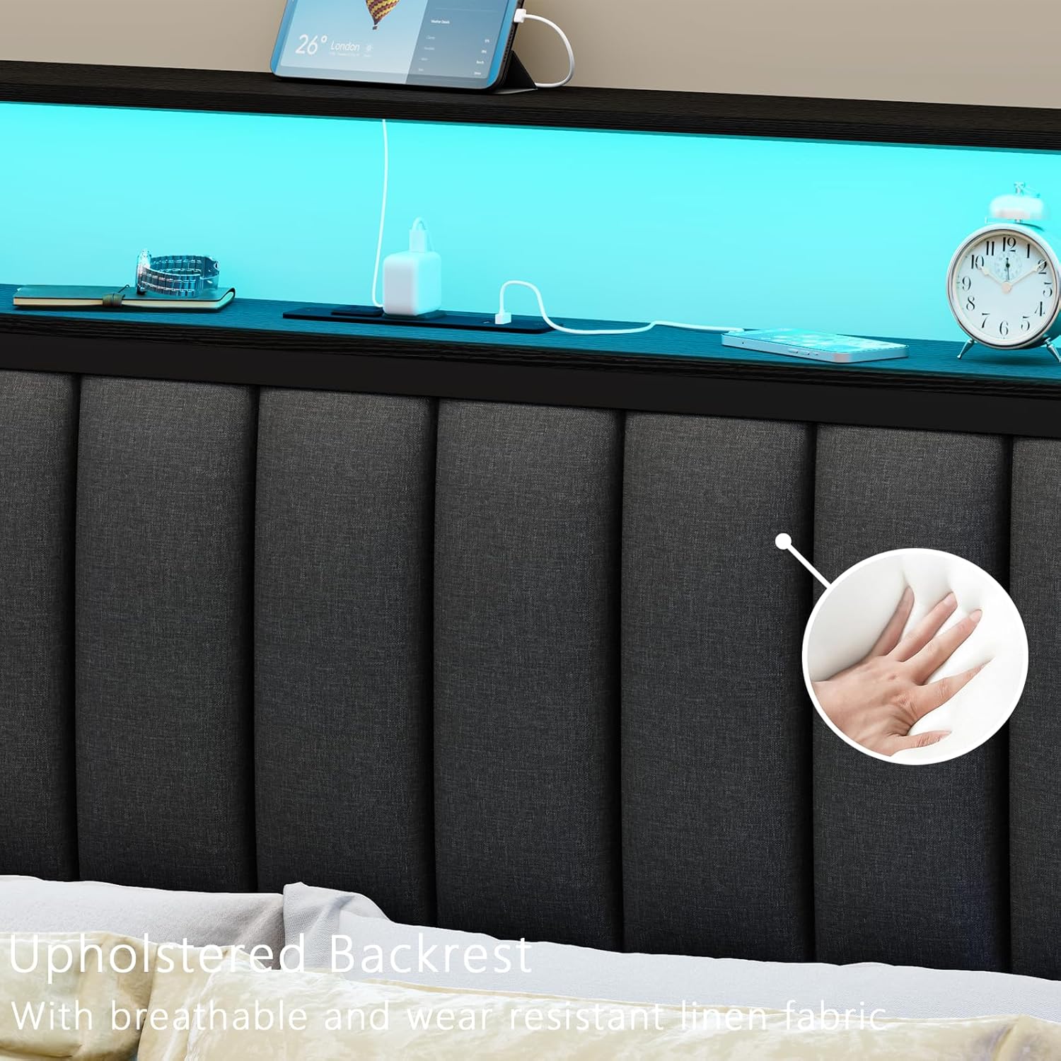 Furologee Bed Frame with Charging Station and LED Lights PU Leather ...