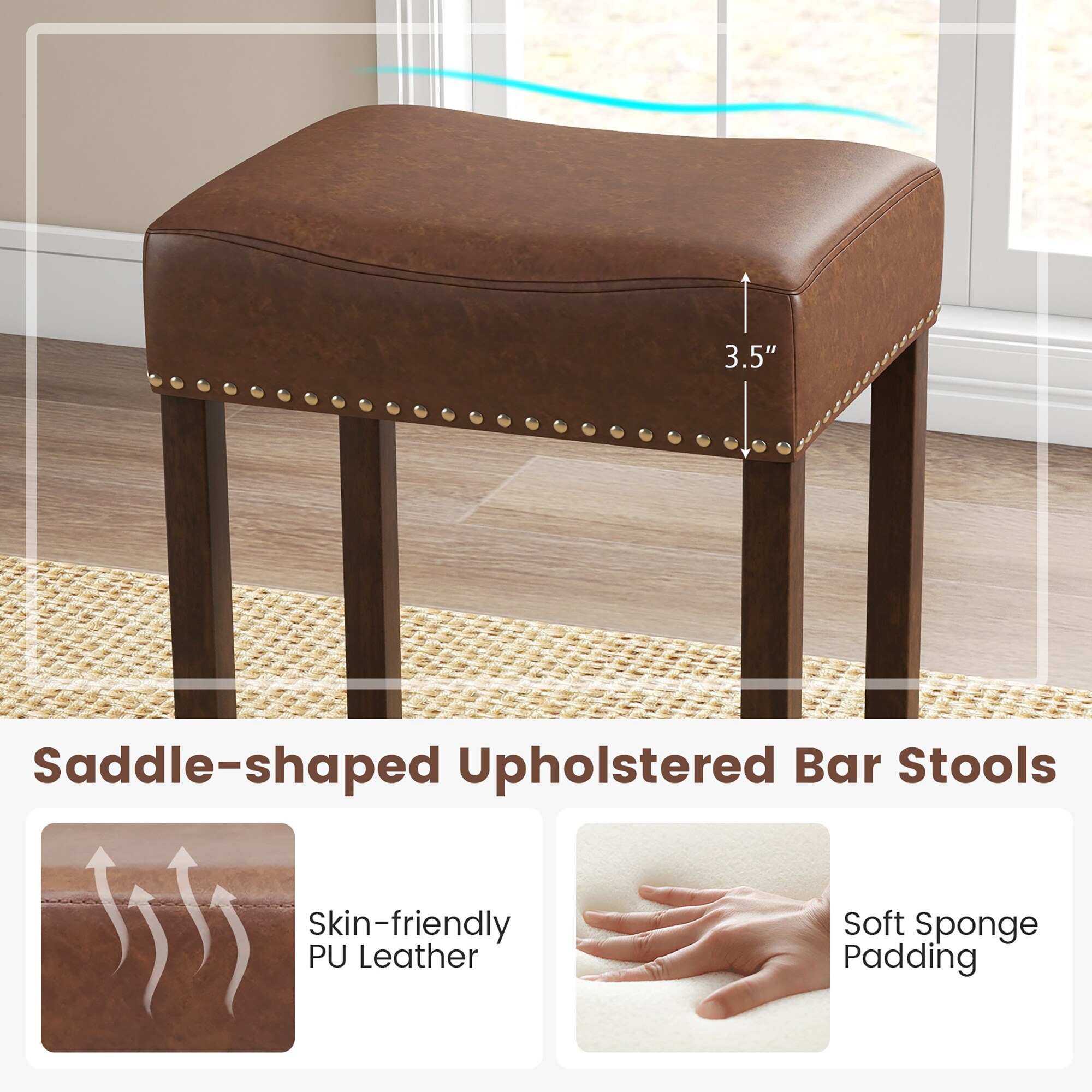 Costway Brown 24-in H Counter height Contoured Seat Upholstered Wood ...