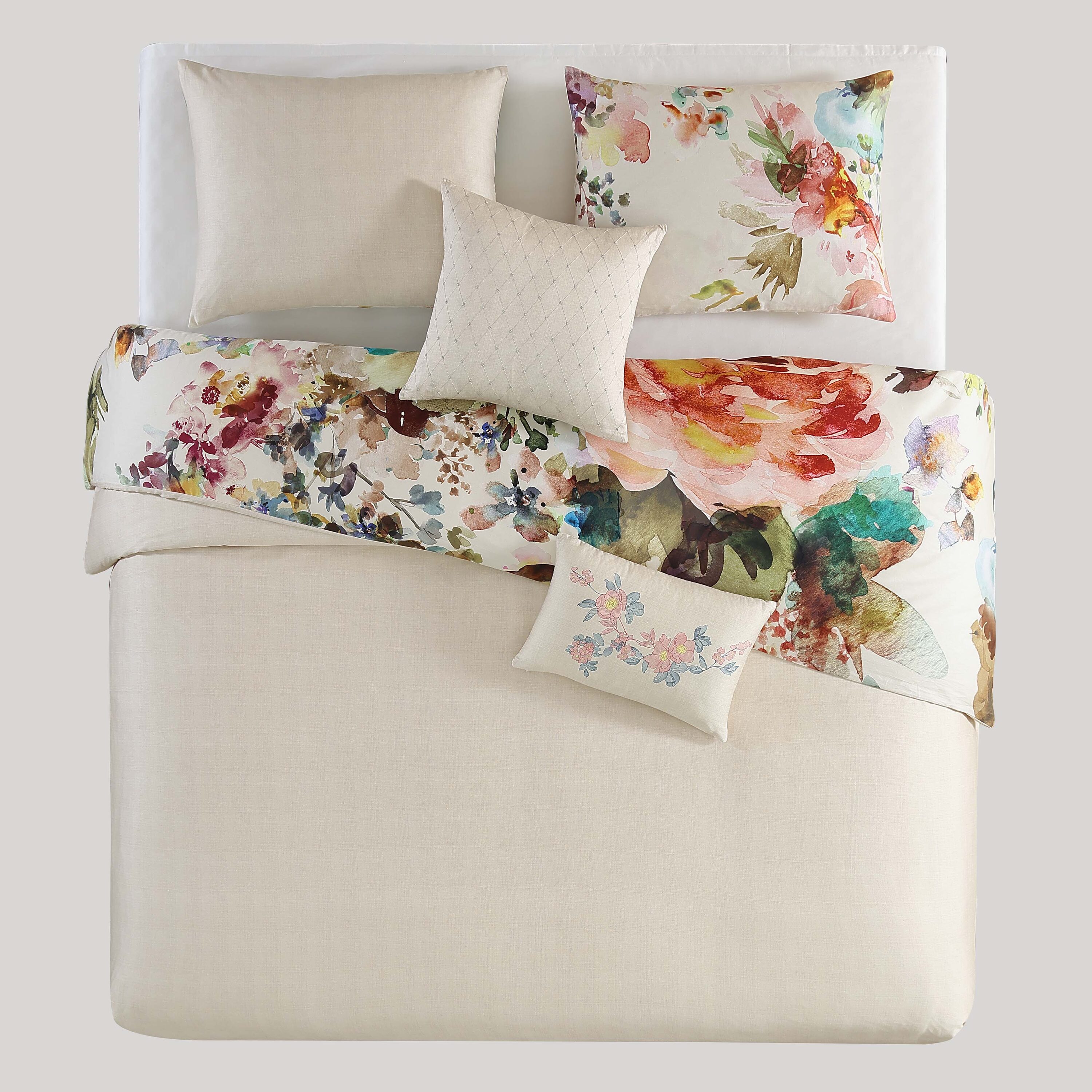 BEBEJAN Antique Flower 5 Piece Comforter Set Ivory Floral Reversible ...