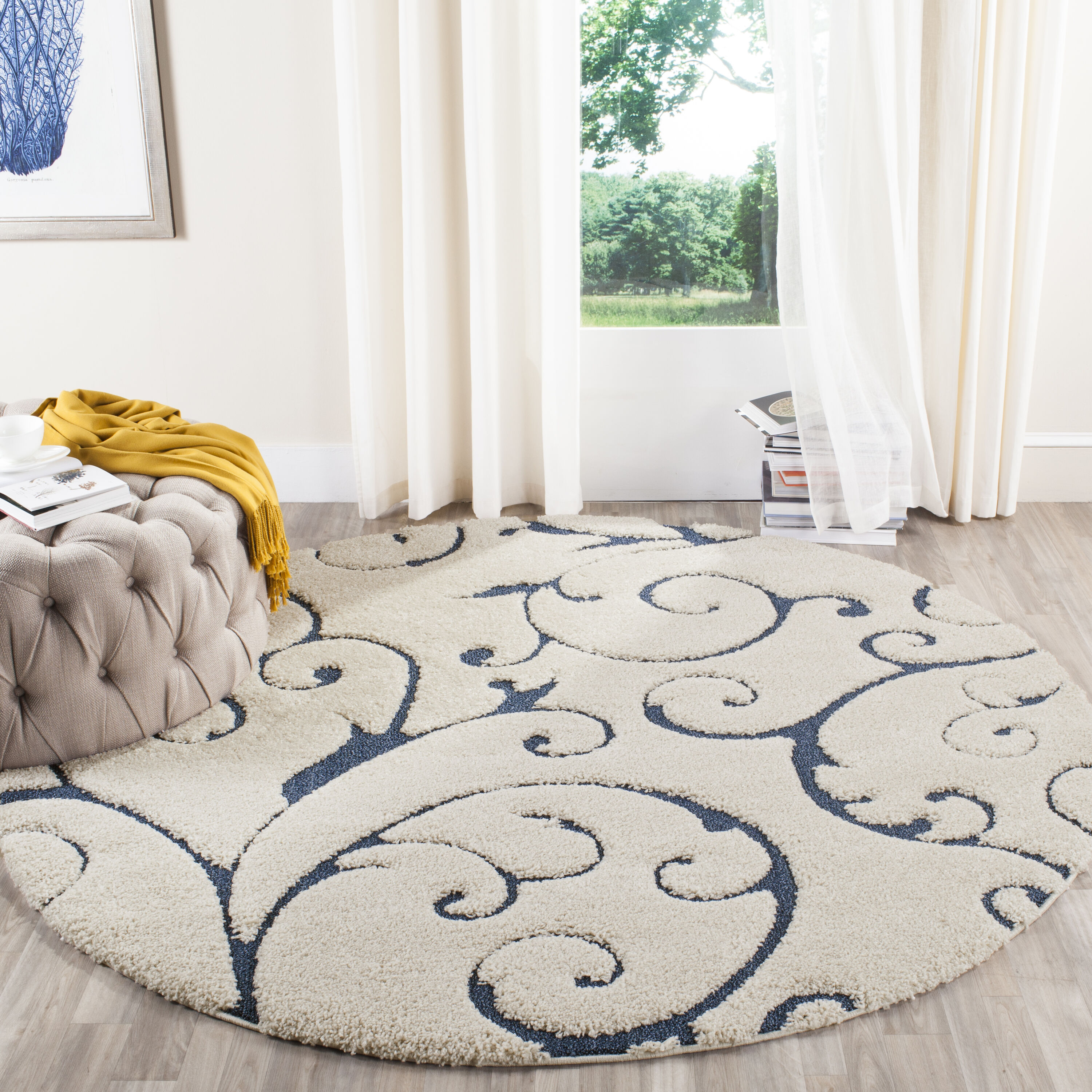 Safavieh 9 x 9 (ft) Loomed Cream / Blue Round Indoor Mid-Century Modern ...