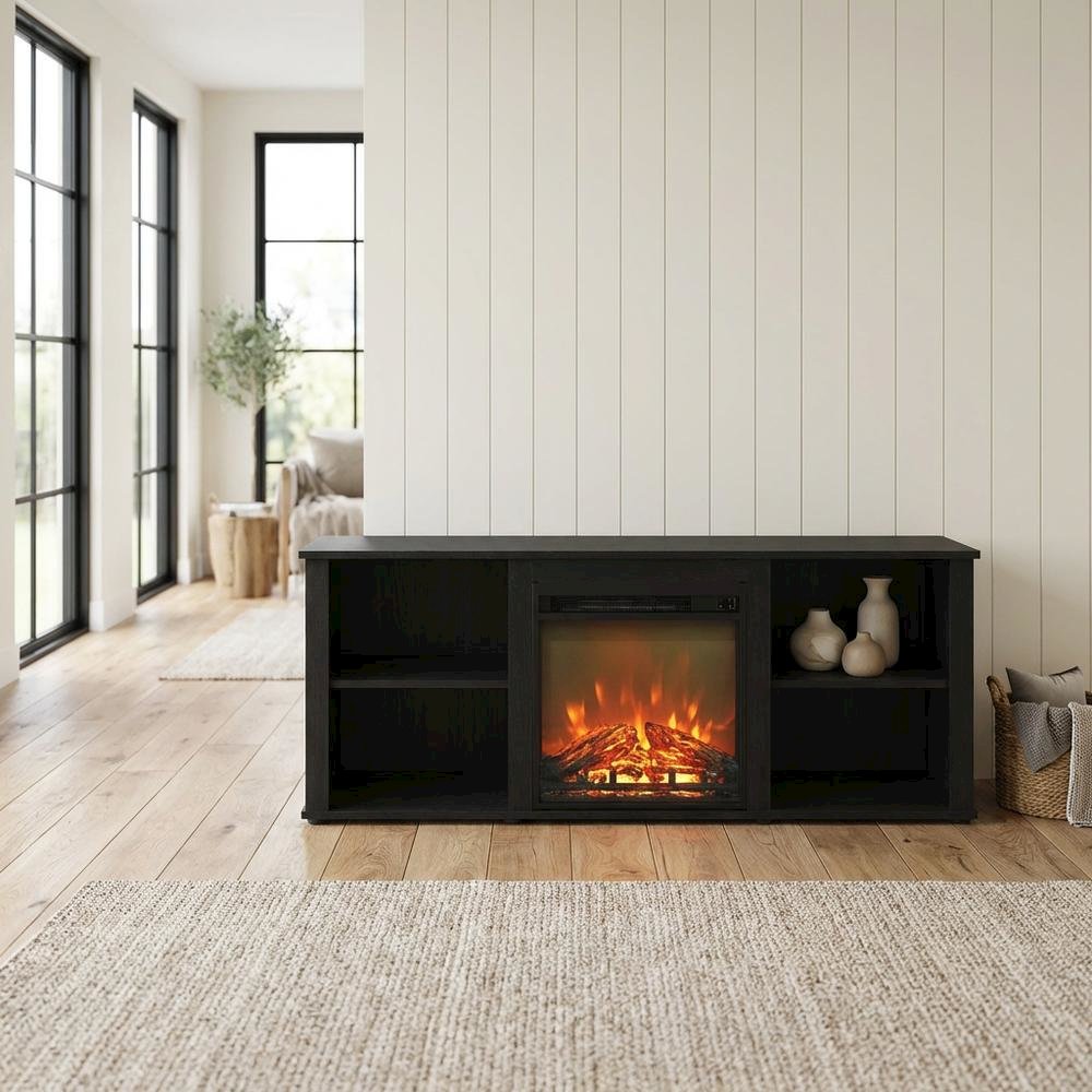 FurniFact Wood TV stand fireplace Americano finish modern design multi ...