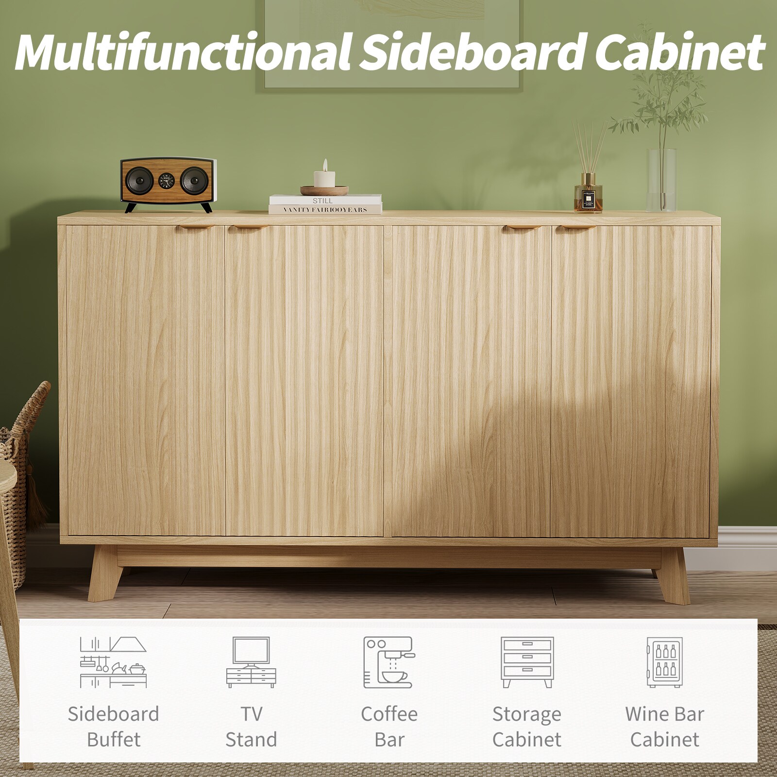 IdealHouse Modern Fluted Wood Sideboard Buffet Cabinet Set 4 Doors ...