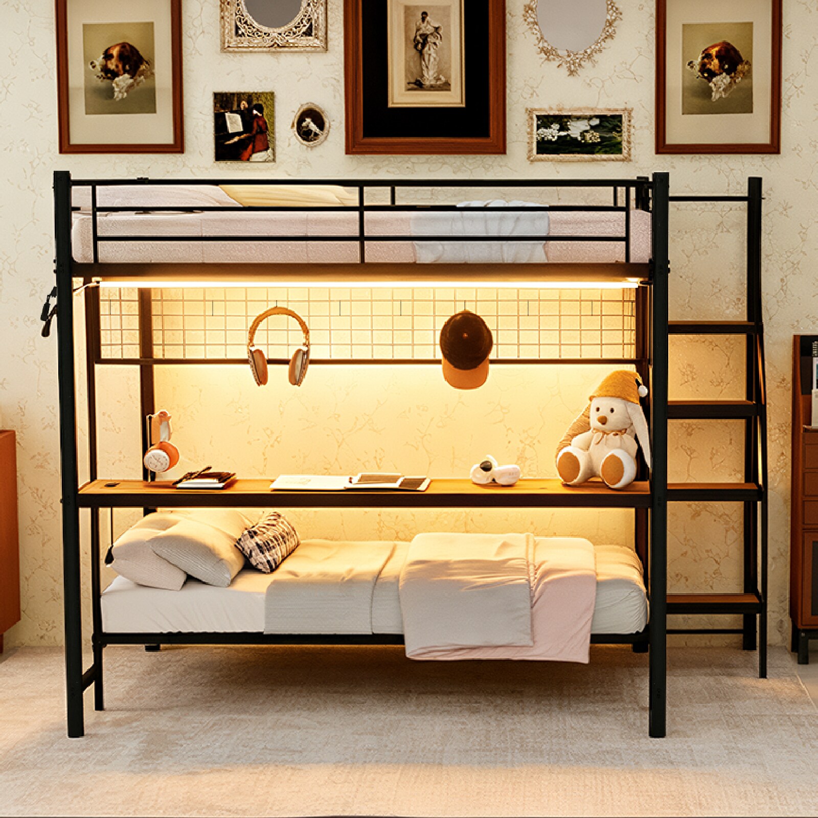 JUSHUA Full over Twin Metal Bunk Bed with Built-In Desk and LED ...