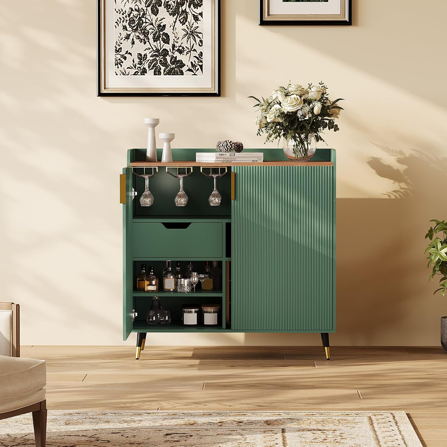 Garvee Modern Fluted Door Wine Bar Cabinet - 9-Bottle Rack and 6 Glass ...