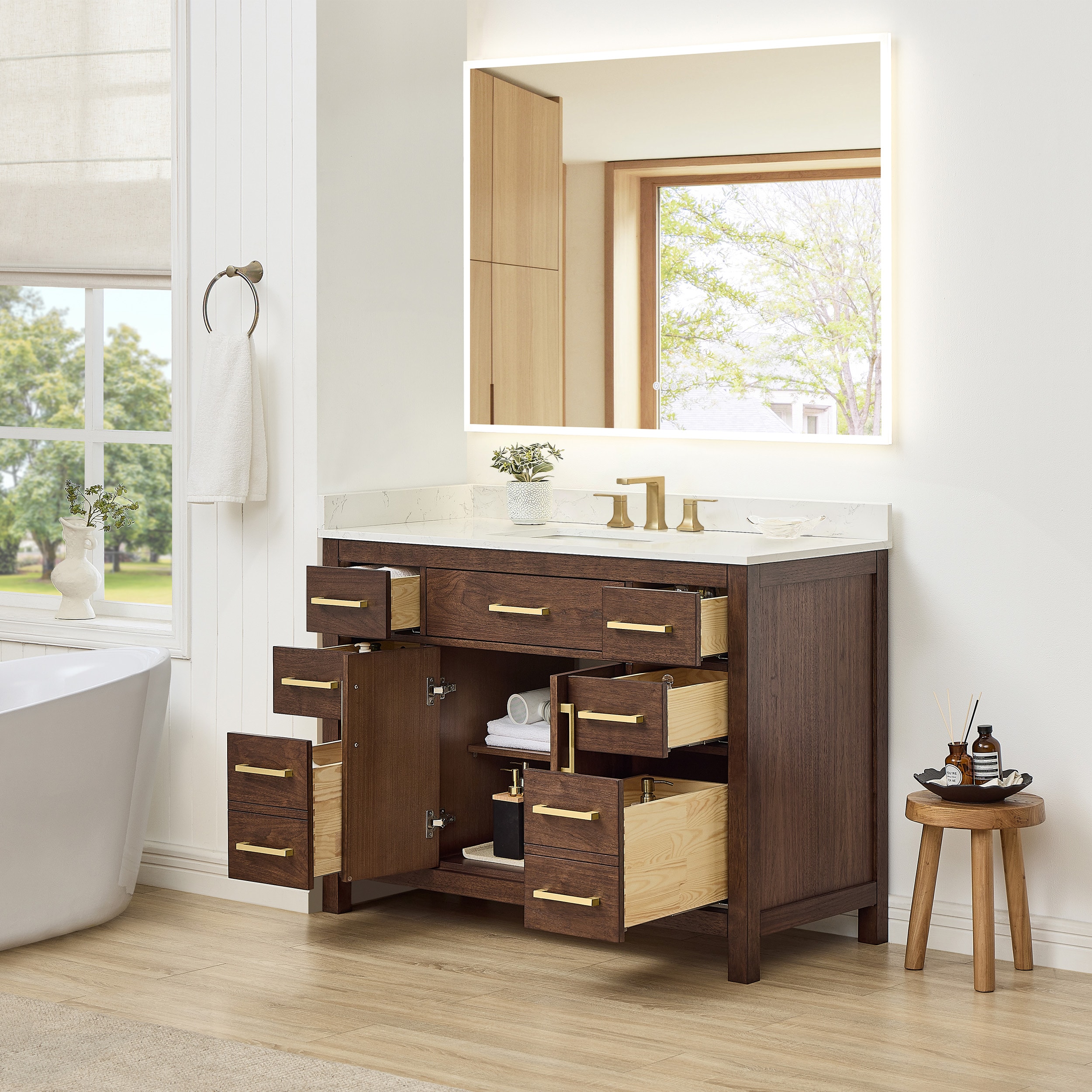 Wyndham Collection Beckett 48-in Dark Walnut with Brushed Gold Trim ...